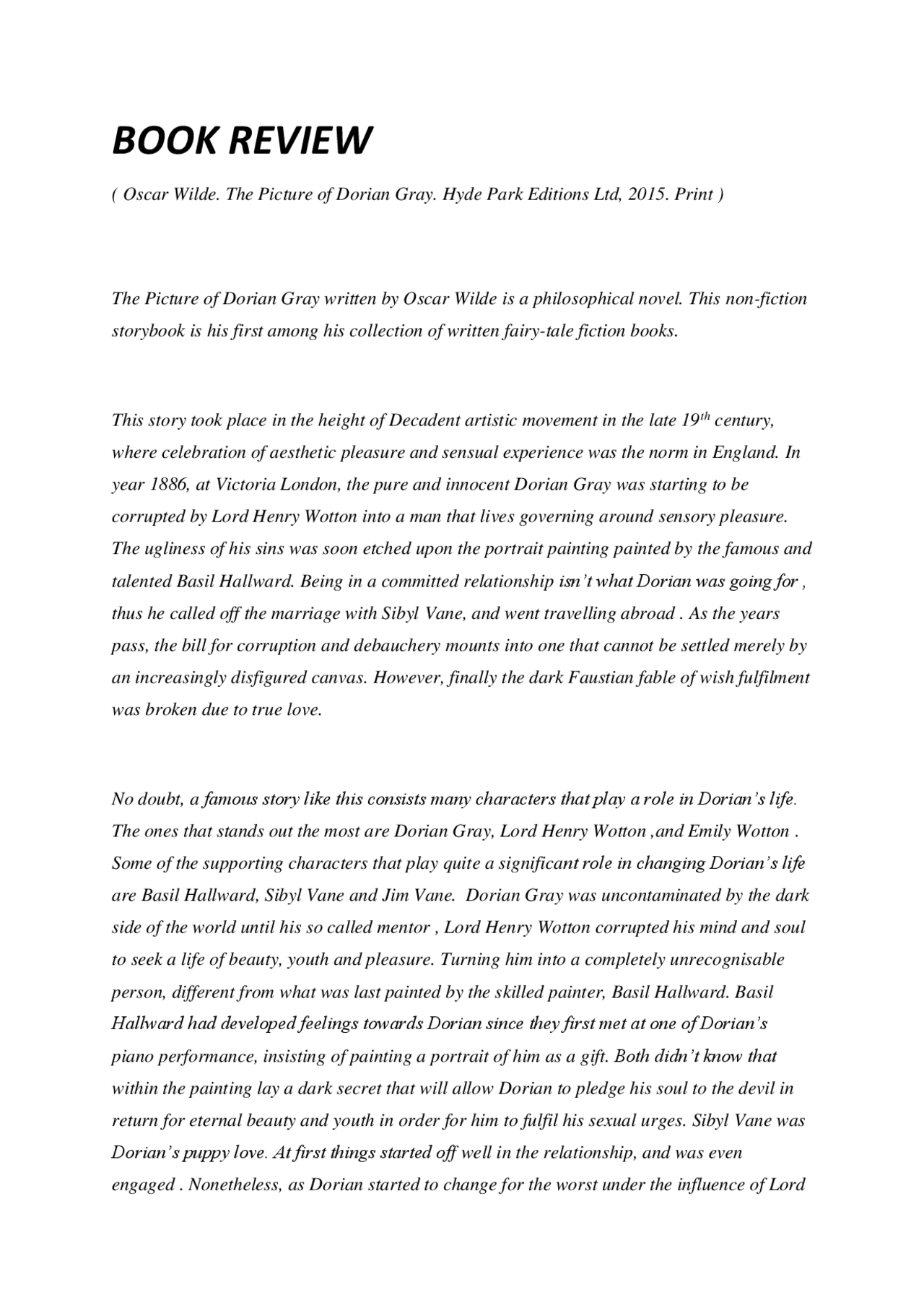The Picture Of Dorian Grey Review Assignments English Language Docsity