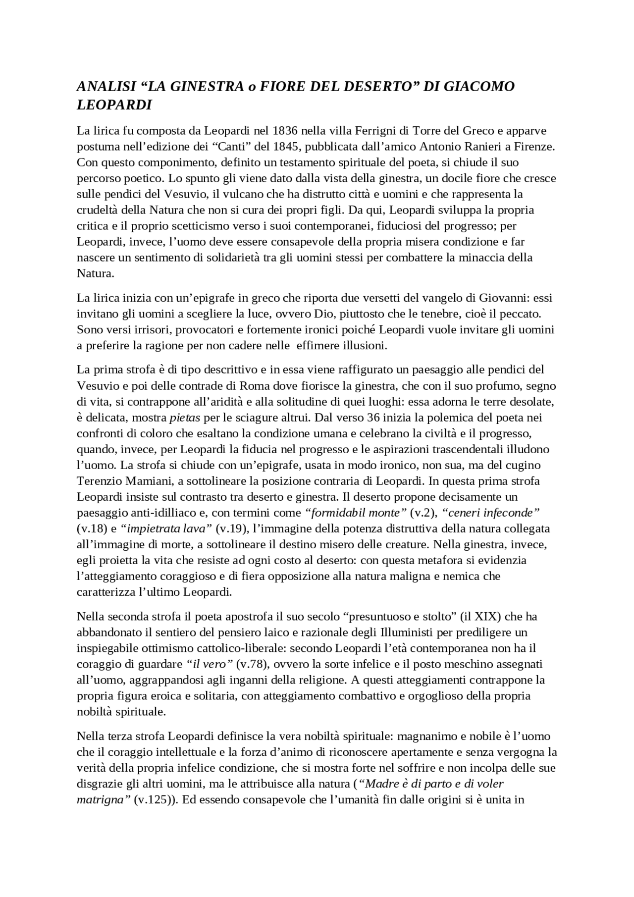 Analisi Ginestra Leopardi Appunti Di Italiano Docsity