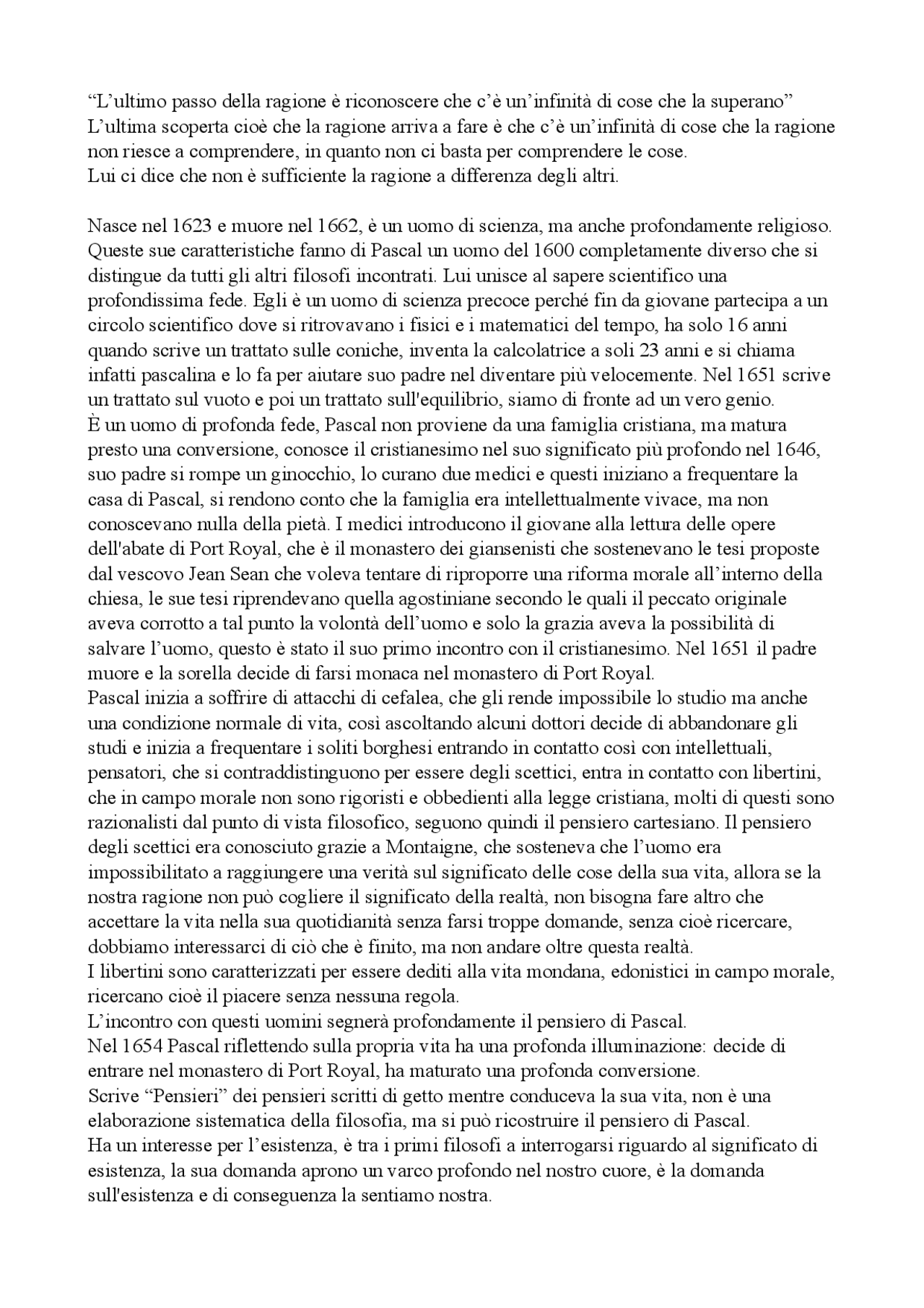 Appunti Blaise Pascal Vita E Pensiero Filosofico Docsity