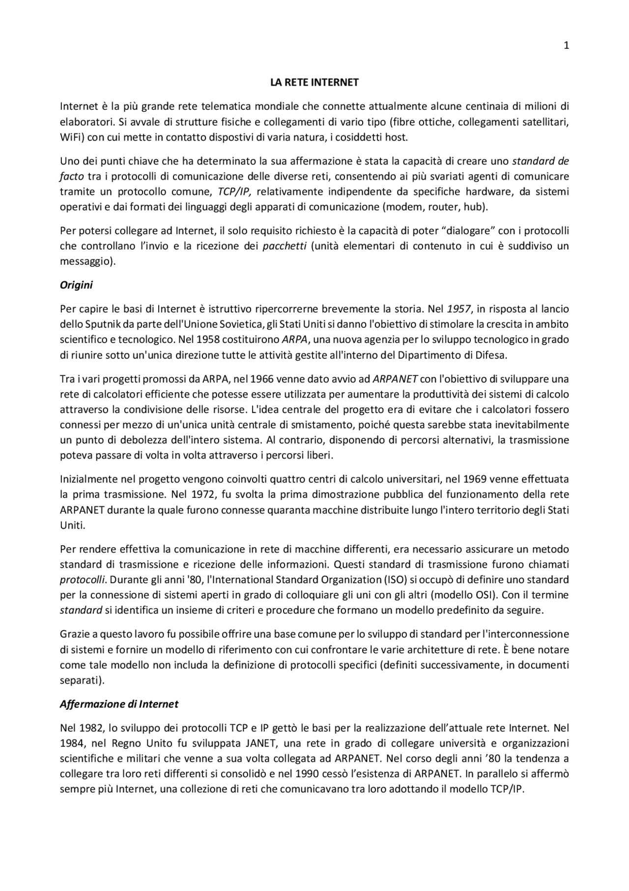 INTRODUZIONE A INTERNET E RETI - Docsity