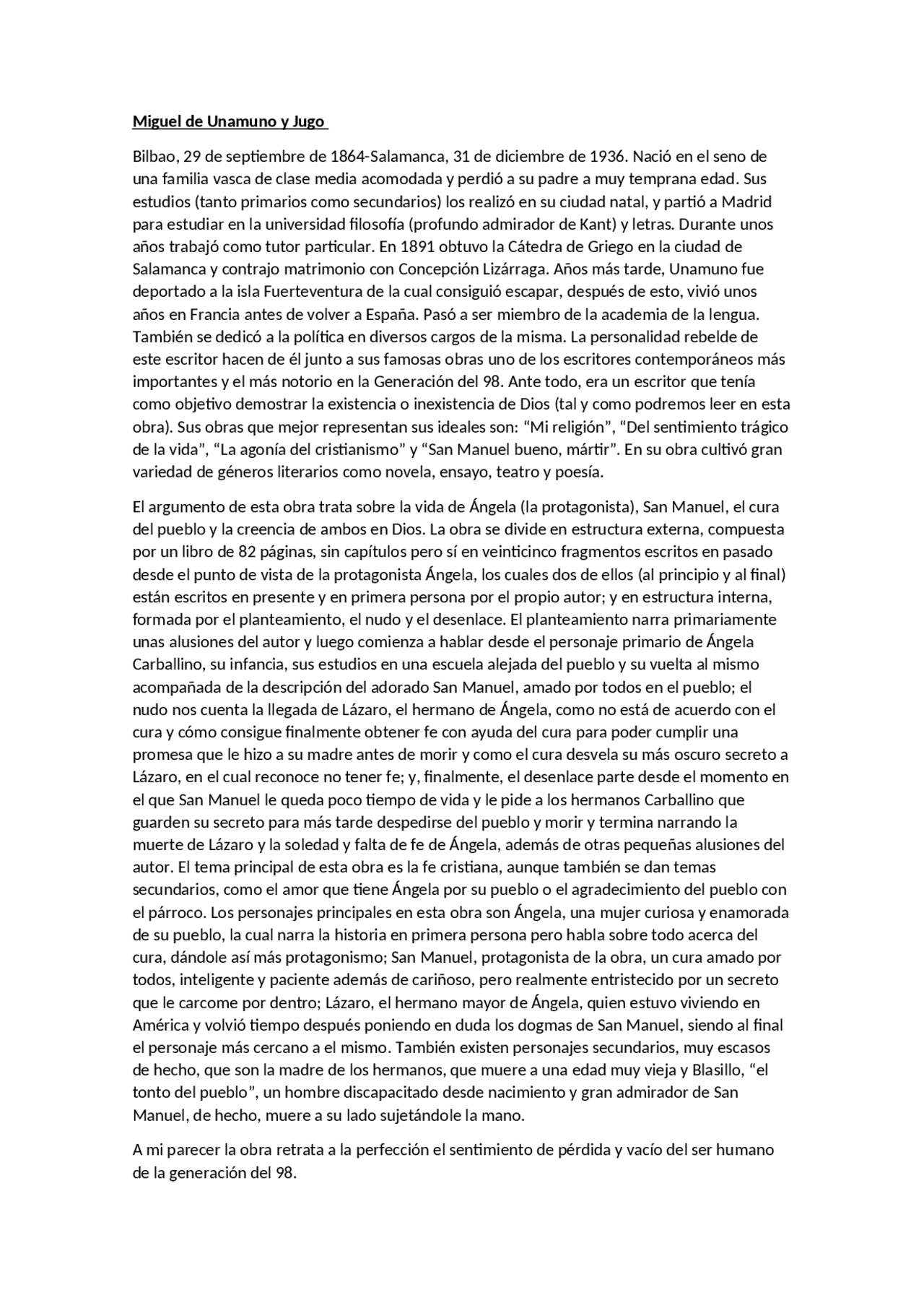 Valoración crítica "San Manuel bueno, mártir" de Miguel de Unamuno ...