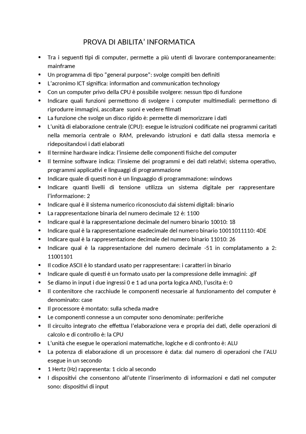 Prova Di Abilità Informatica Panieri Di Elementi Di Informatica Docsity