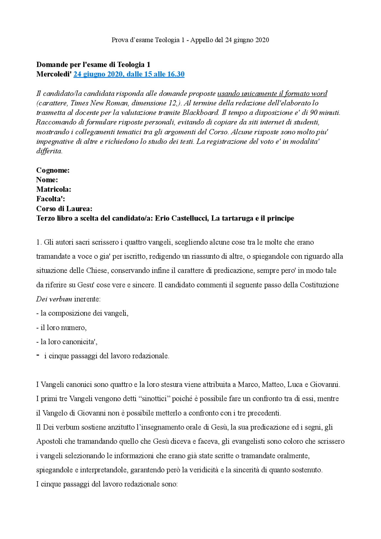 Esempio Prova Desame Teologia I Pessani Docsity
