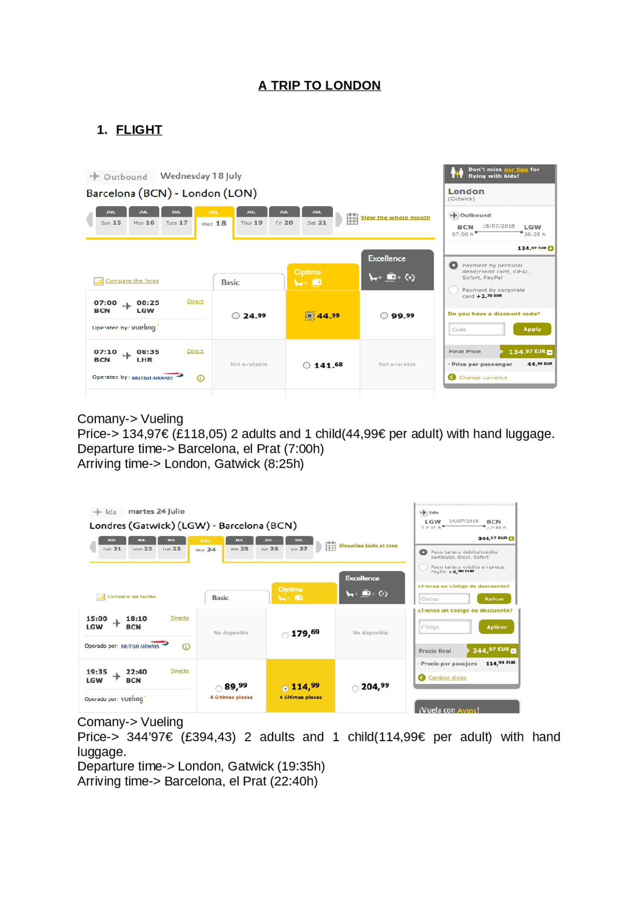 Trip to London, travel planning | Ejercicios de Inglés | Docsity