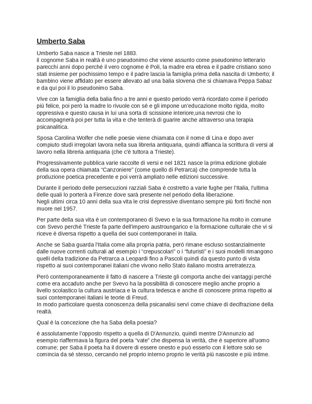 Riassunto Vita E Opere Umberto Saba Docsity