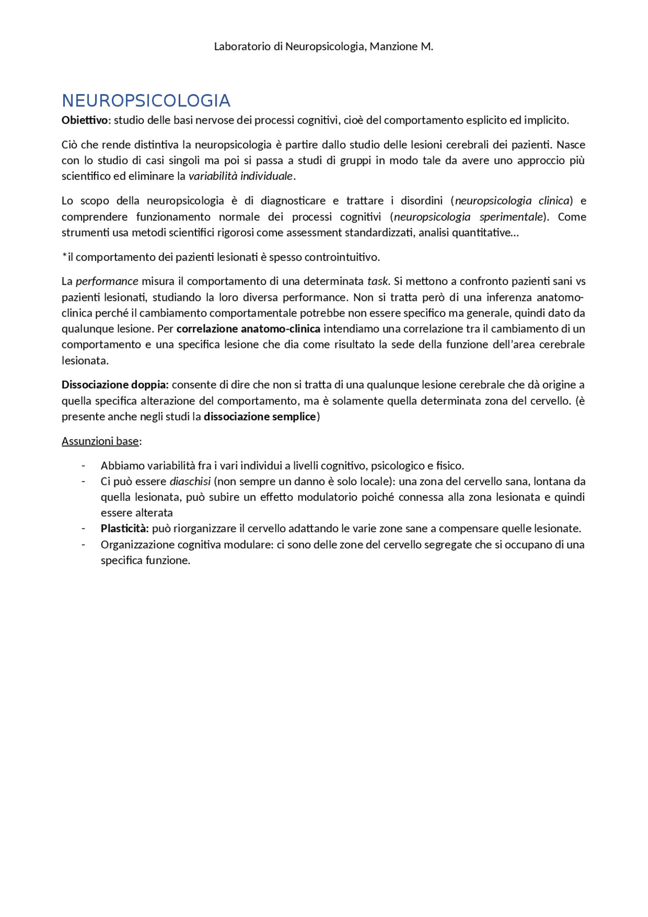 Laboratorio Introduzione Alla Neuropsicologia Docsity