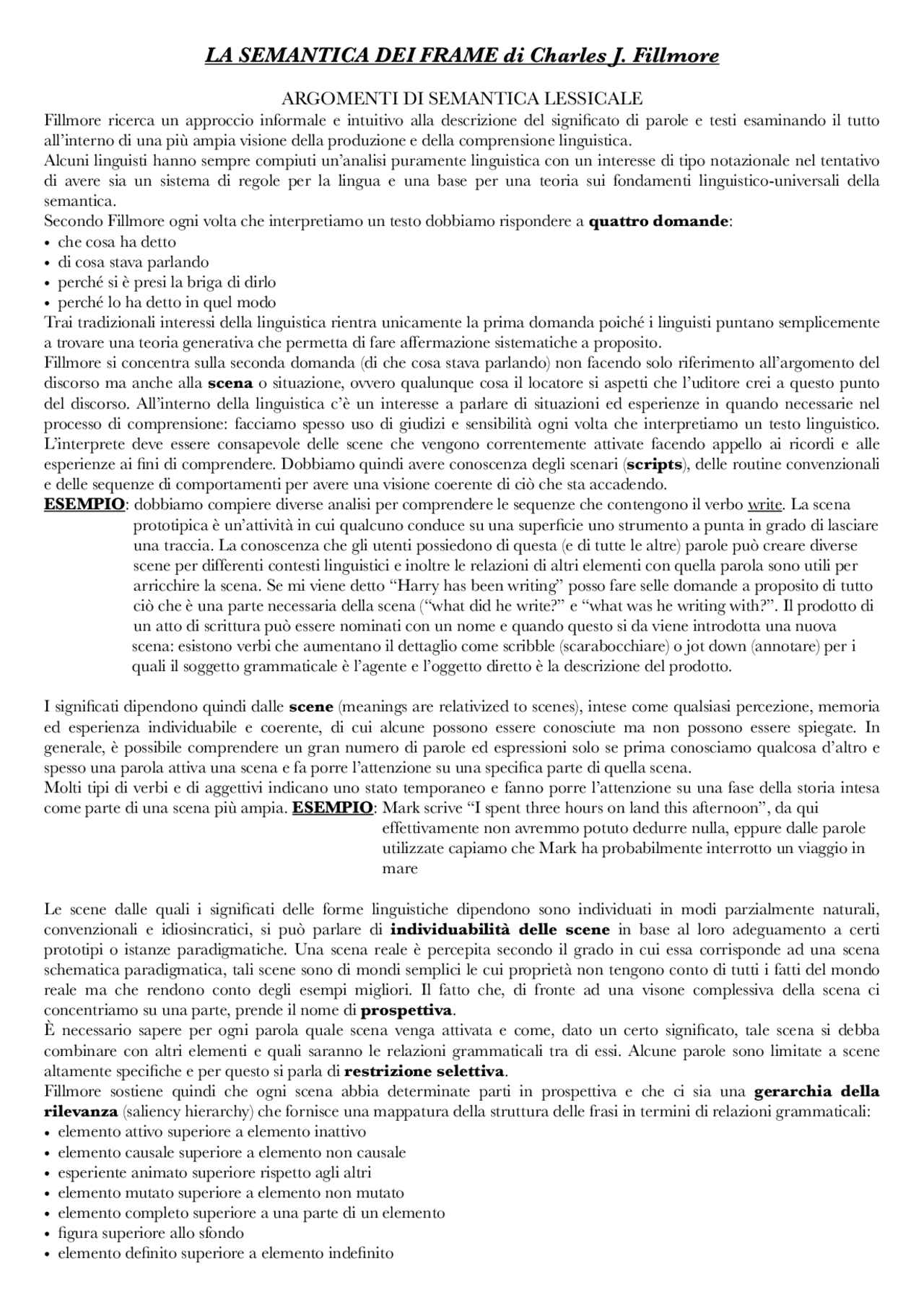 La semantica dei frame di Fillmore - Docsity