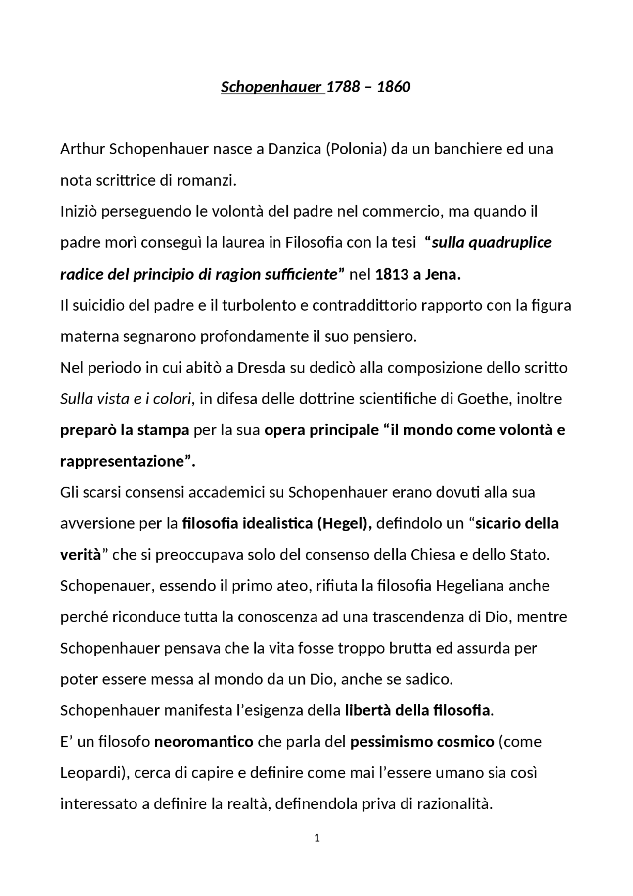 Riassunto Schopenhauer Docsity