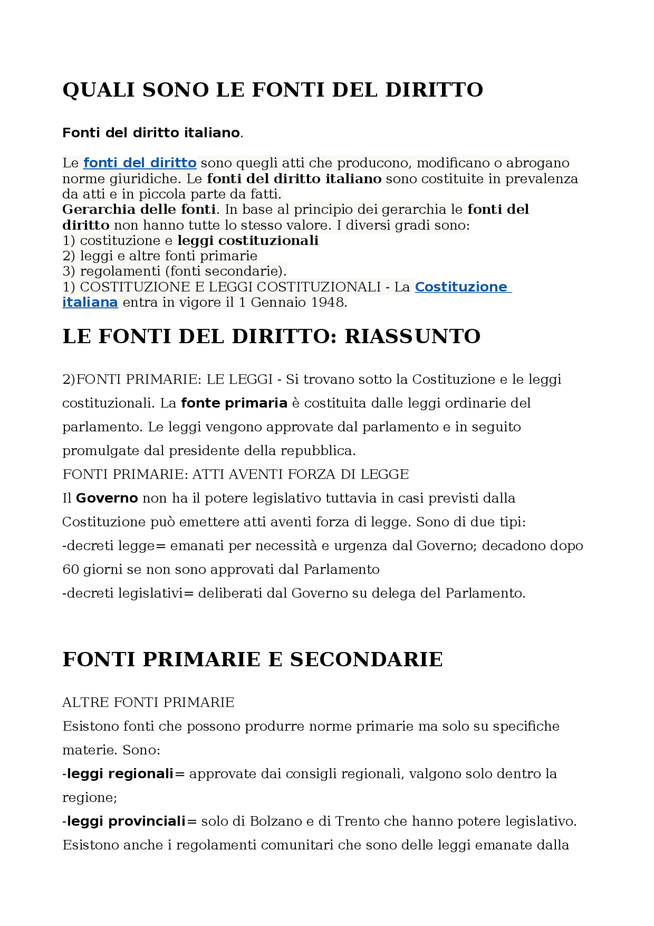 Fonti del diritto. Fonti primarie, secondarie, ulteriori - Docsity