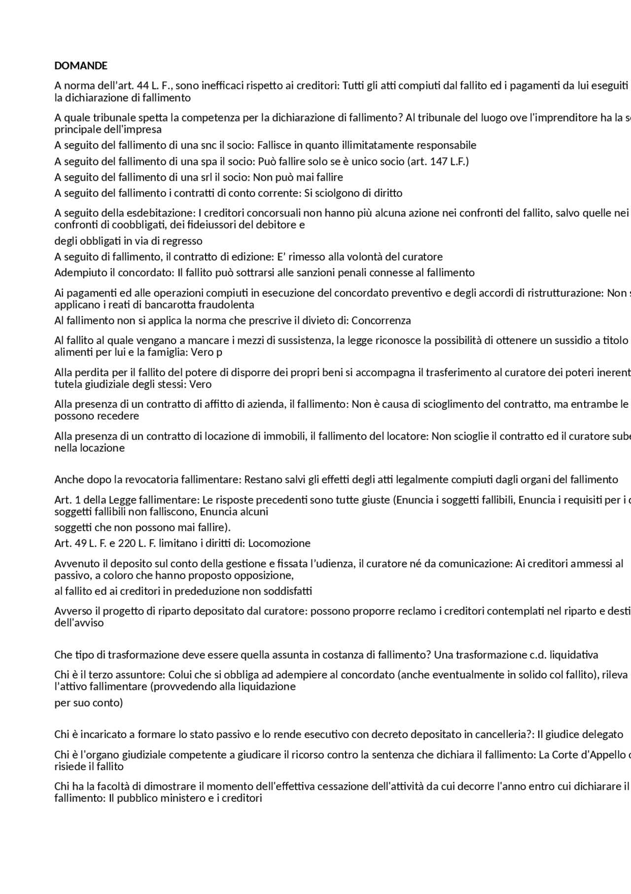 Test Diritto Fallimentare Docsity