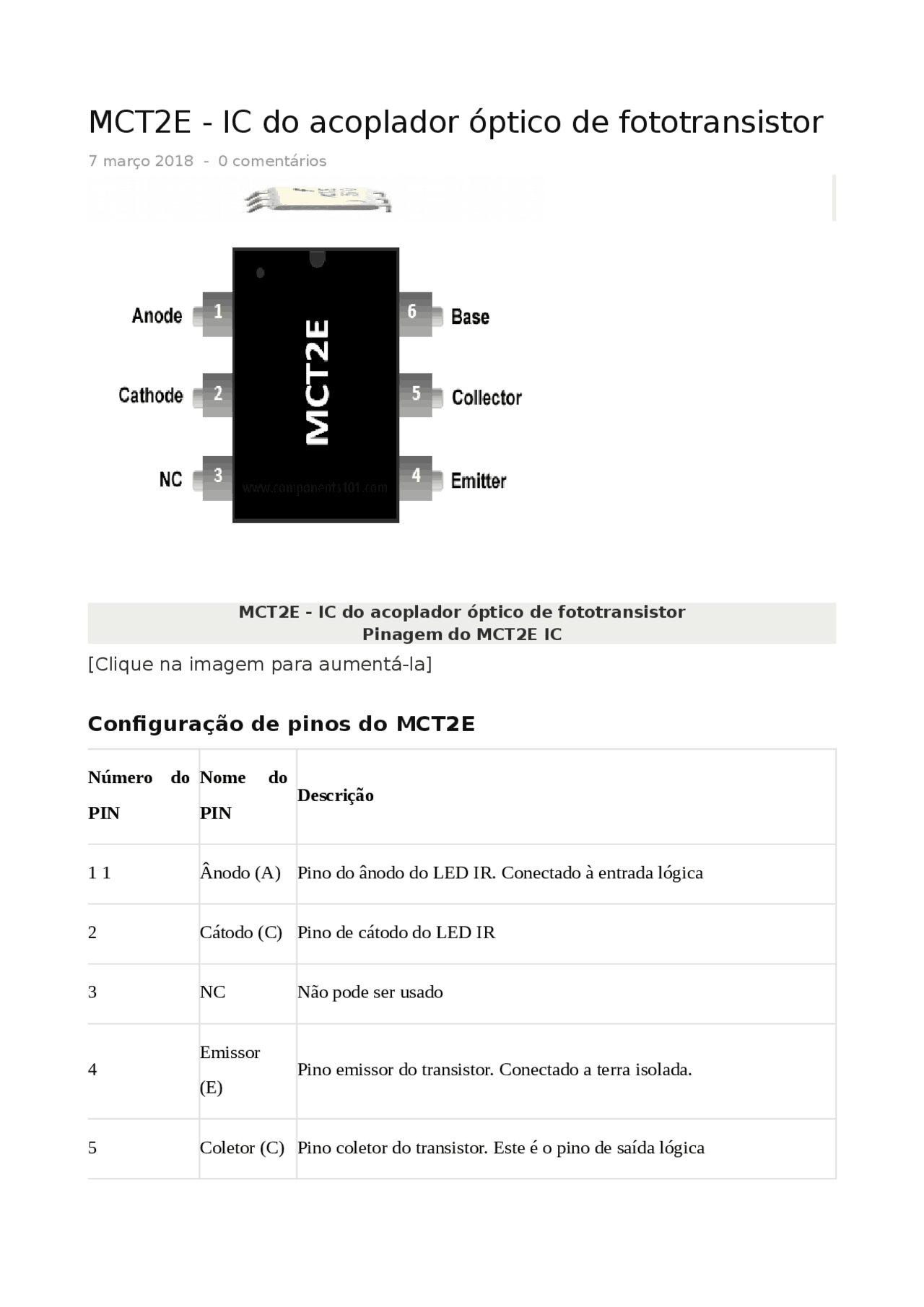 MCT2E - IC do acoplador óptico de fototransistor - Docsity