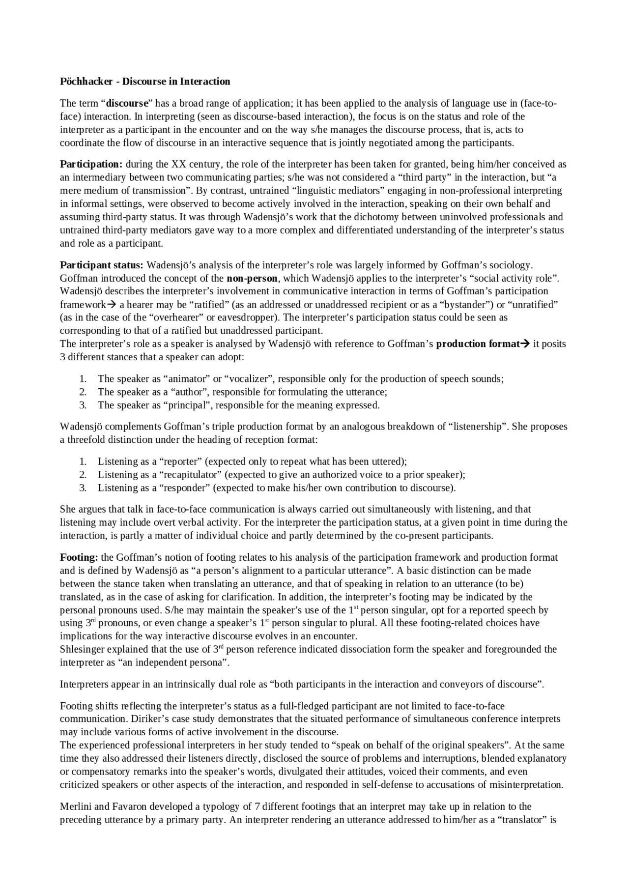 Riassunto Discourse In Interaction Pochhacker Docsity