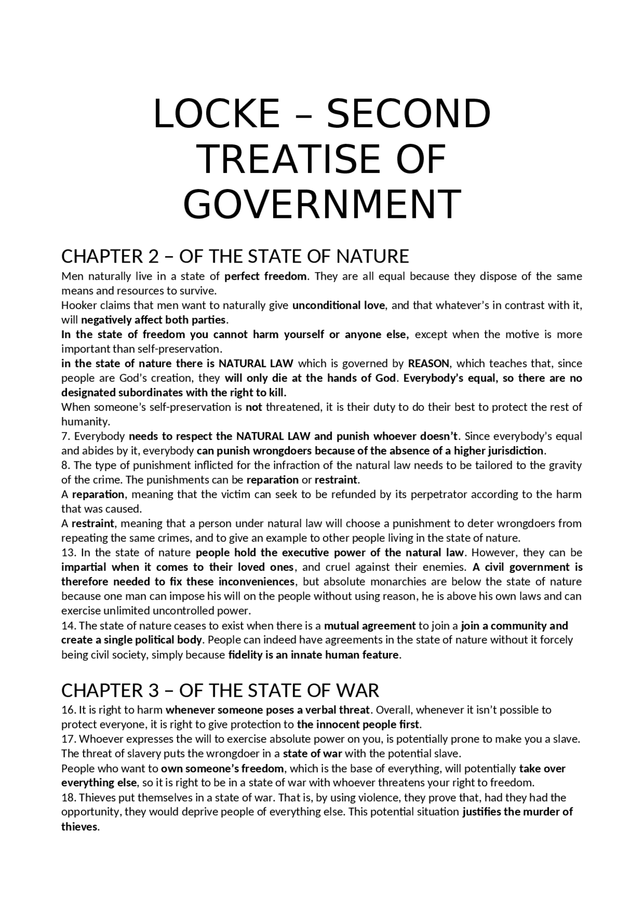 John Locke, The Second Treatise of Government (summary) - Docsity