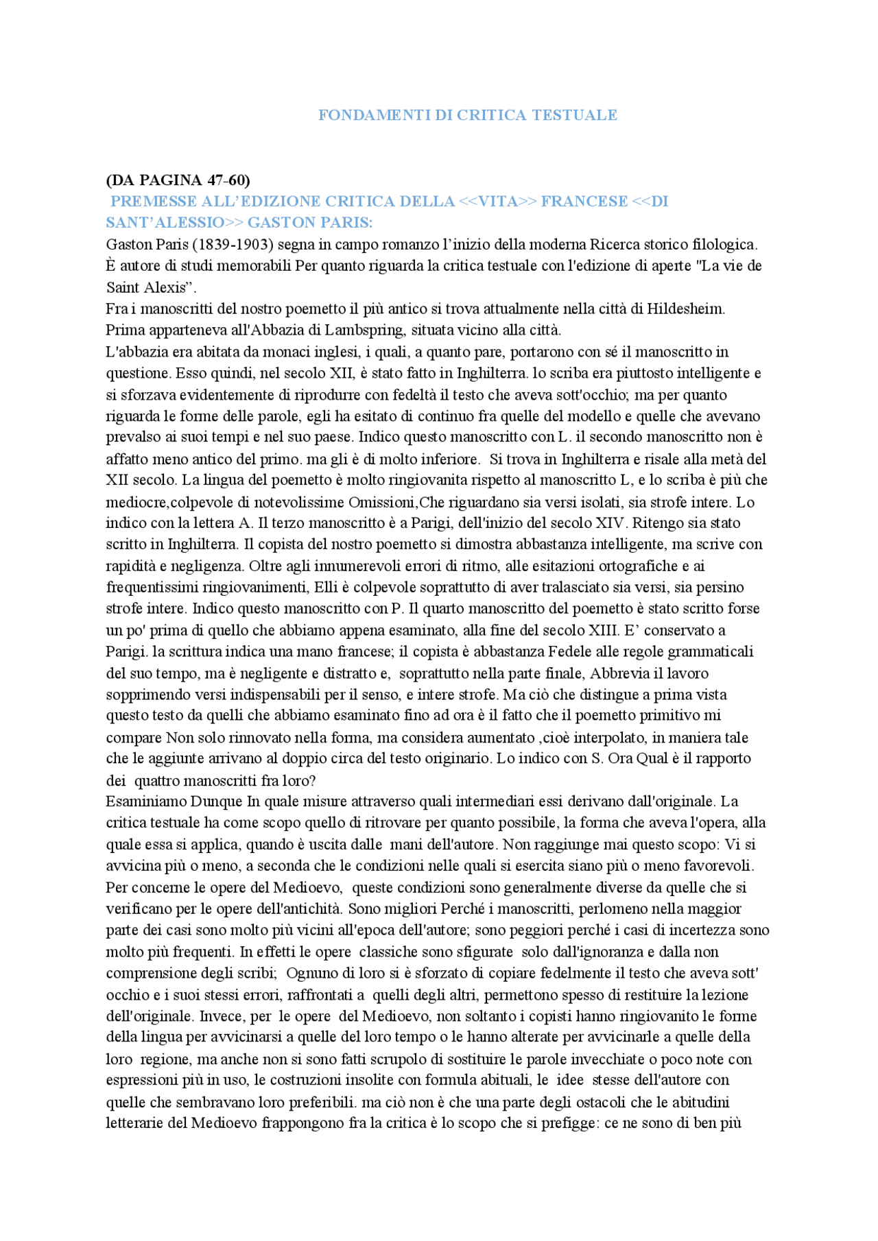 Fondamenti Critica Testuale Appunti Di Filologia Italiana Docsity