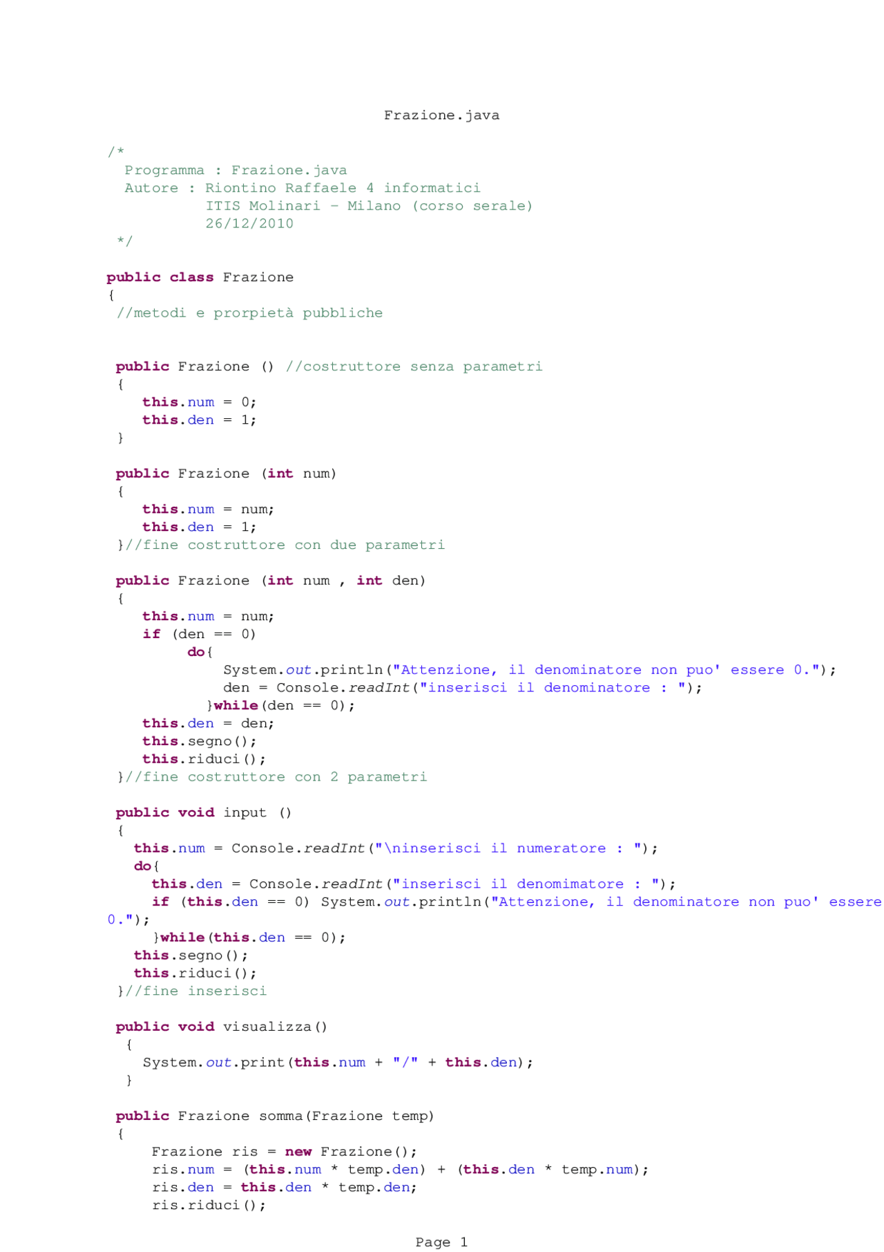 Frazione.java classe frazione con i suoi metodi - Docsity