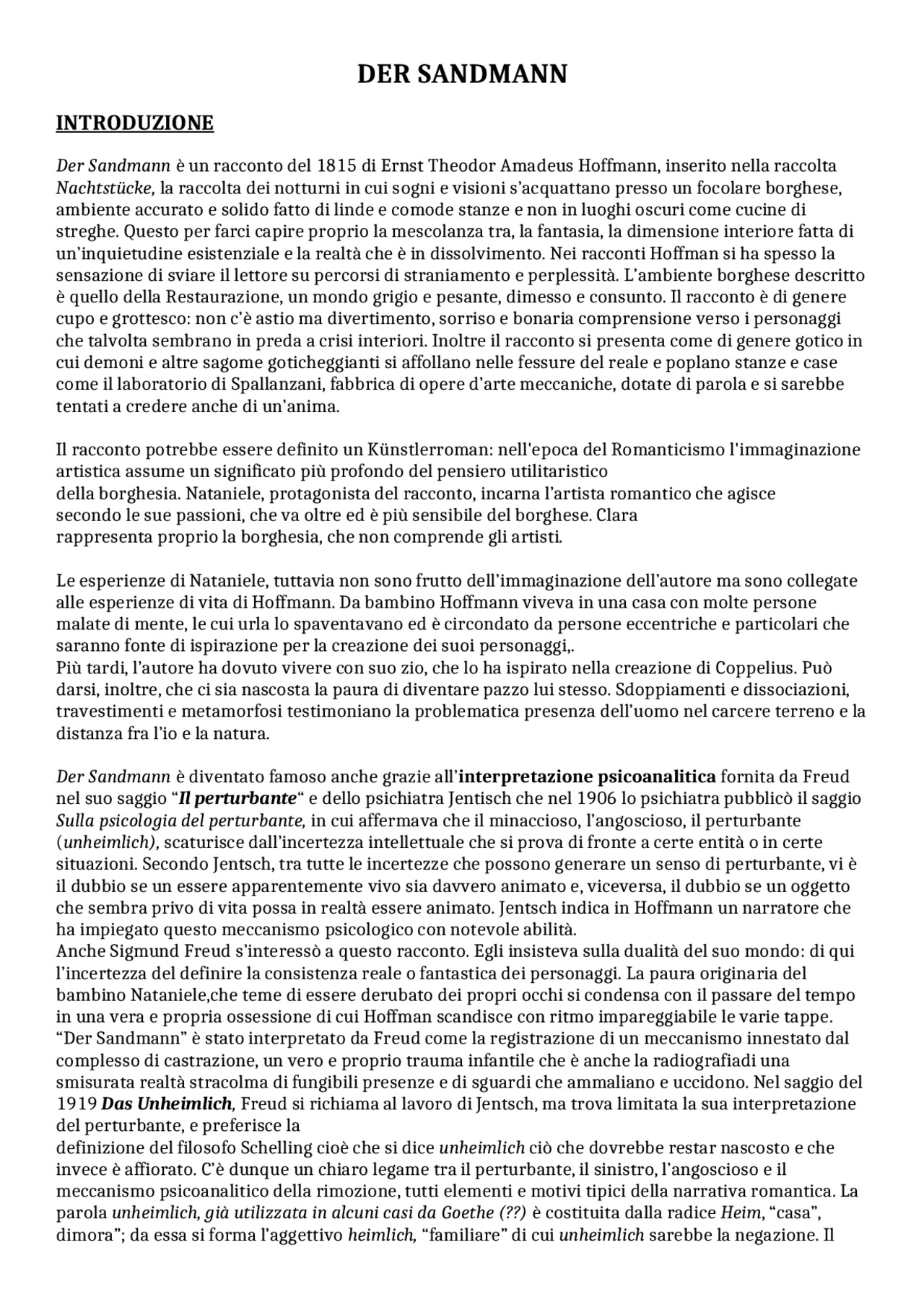 DER SANDMANN (L'uomo della Sabbia-ETA Hoffmann) - Docsity