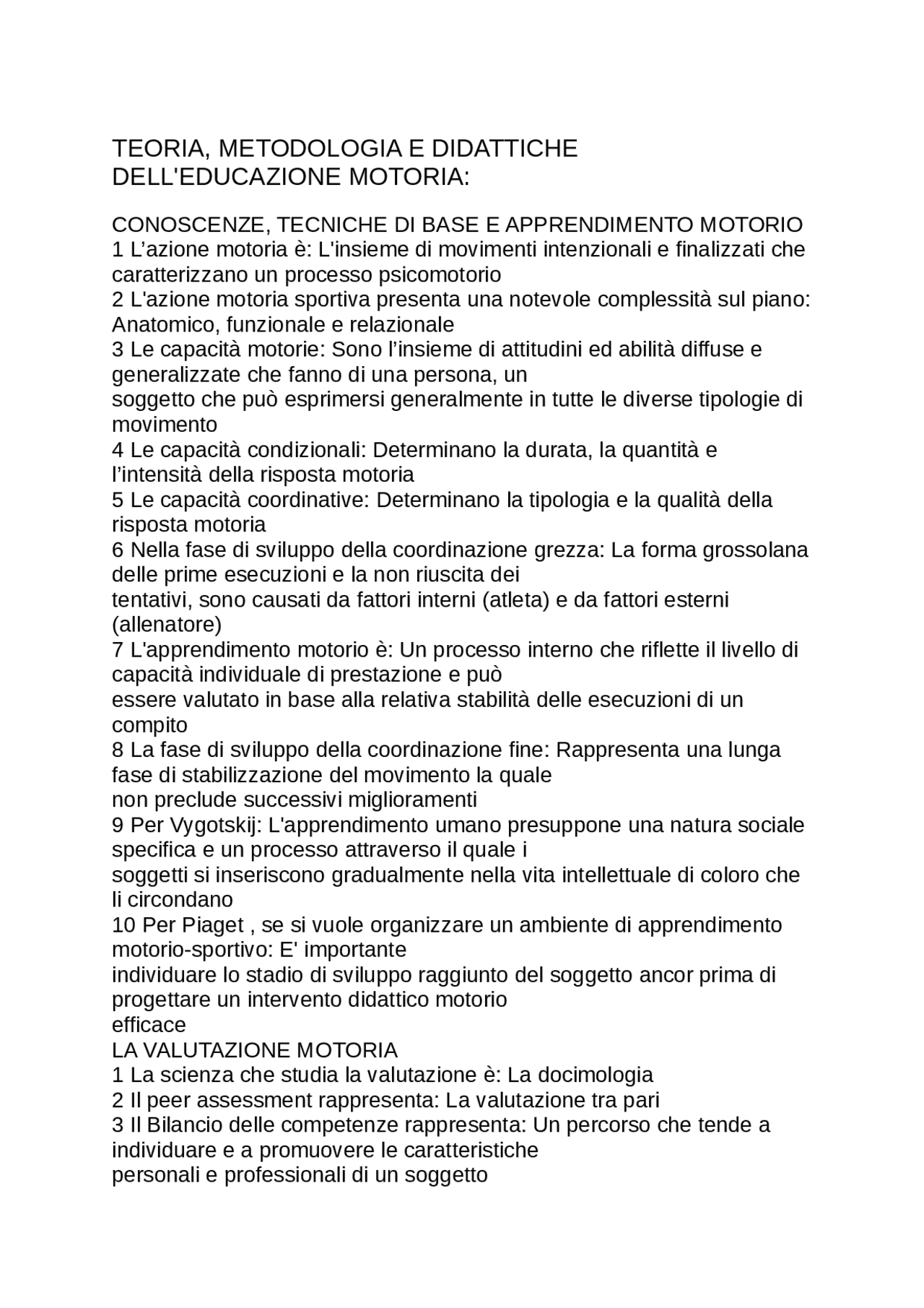 TEORIA, METODOLOGIA E DIDATTICHE DELL'EDUCAZIONE MOTORIA - Docsity