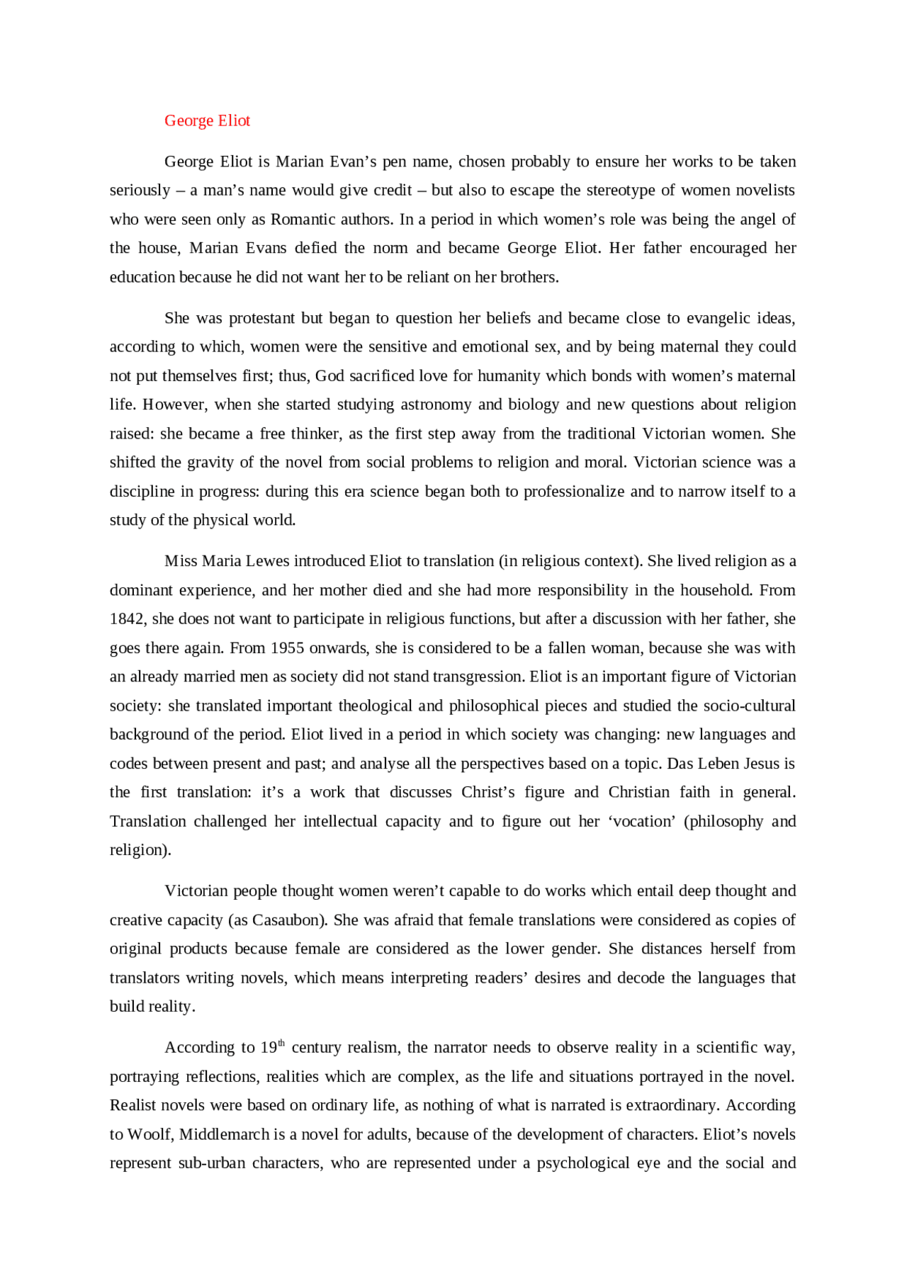George Eliot And Middlemarch Docsity