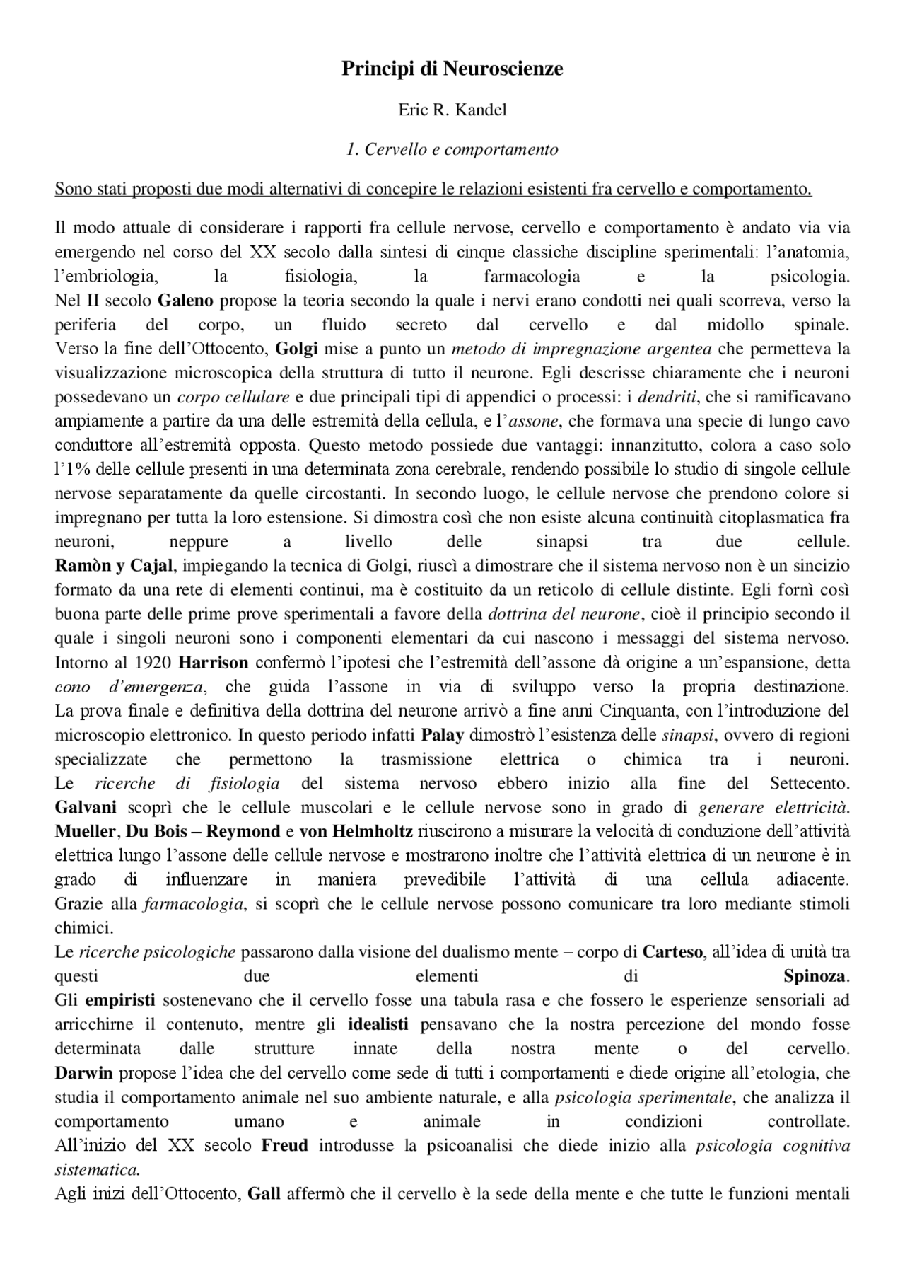 Principi Di Neuroscienze Eric R Kandel Riassunti Docsity