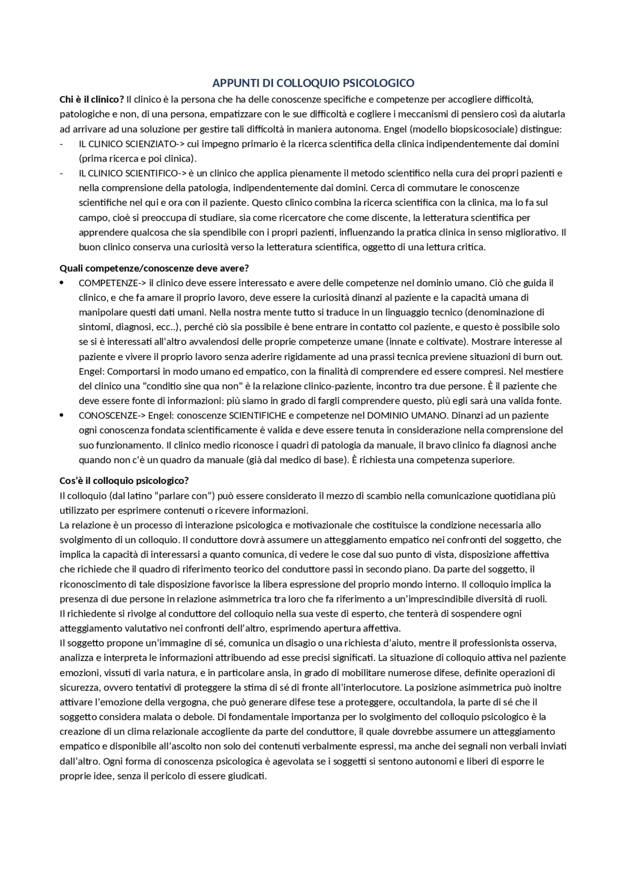 Appunti Colloquio Psicologico Profssa Cosci Docsity