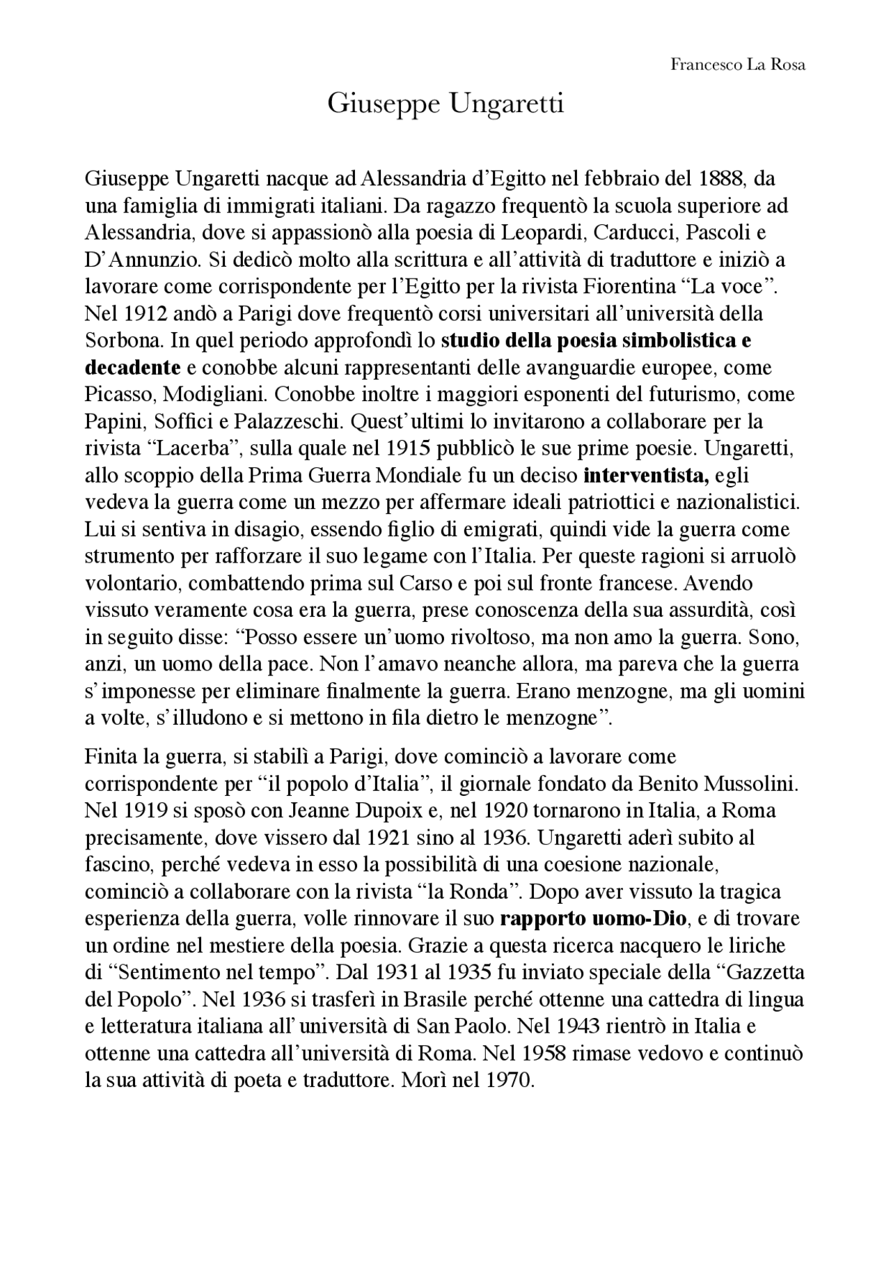Riassunto Di Giuseppe Ungaretti Docsity