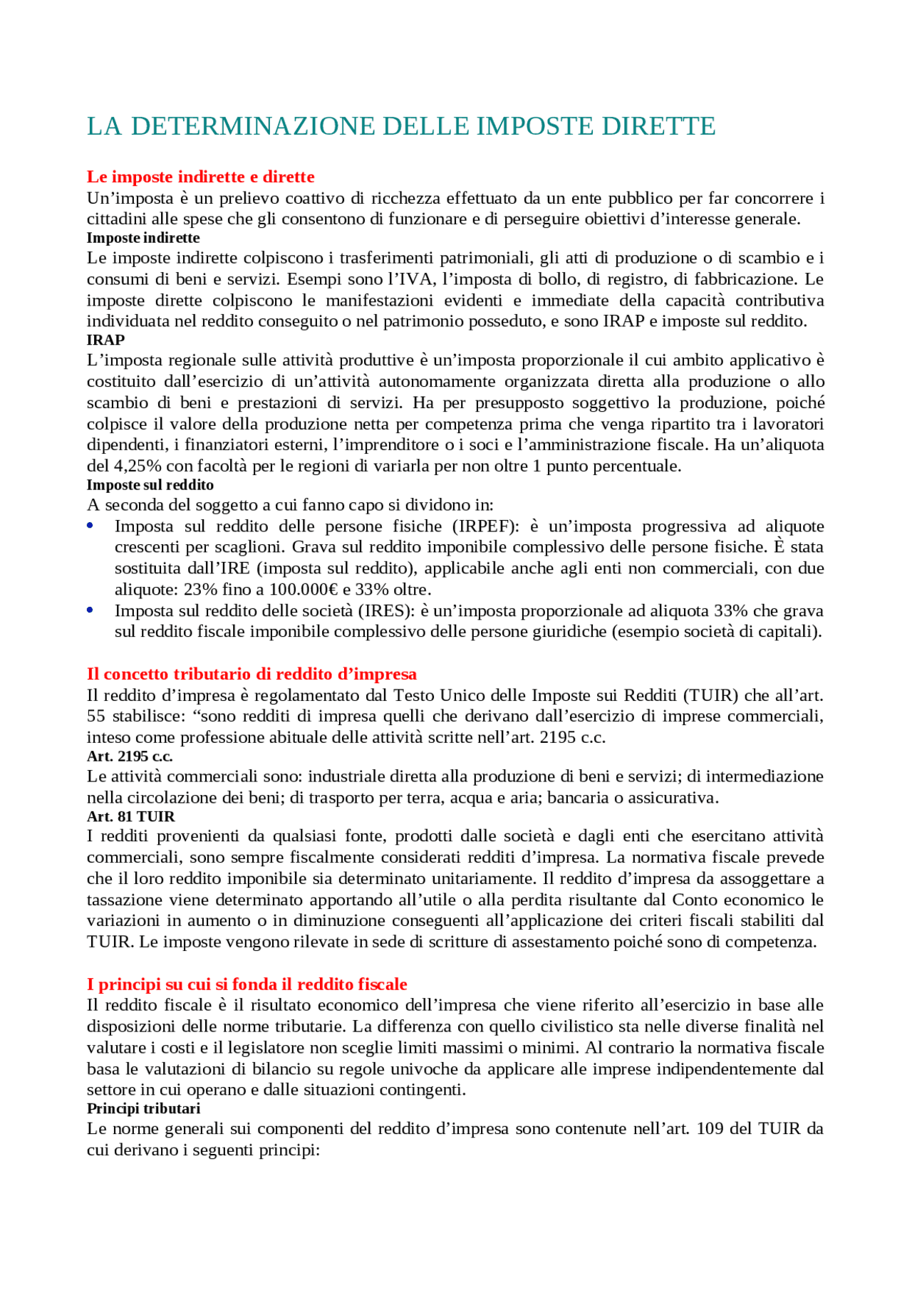 La Determinazione Delle Imposte Dirette Docsity
