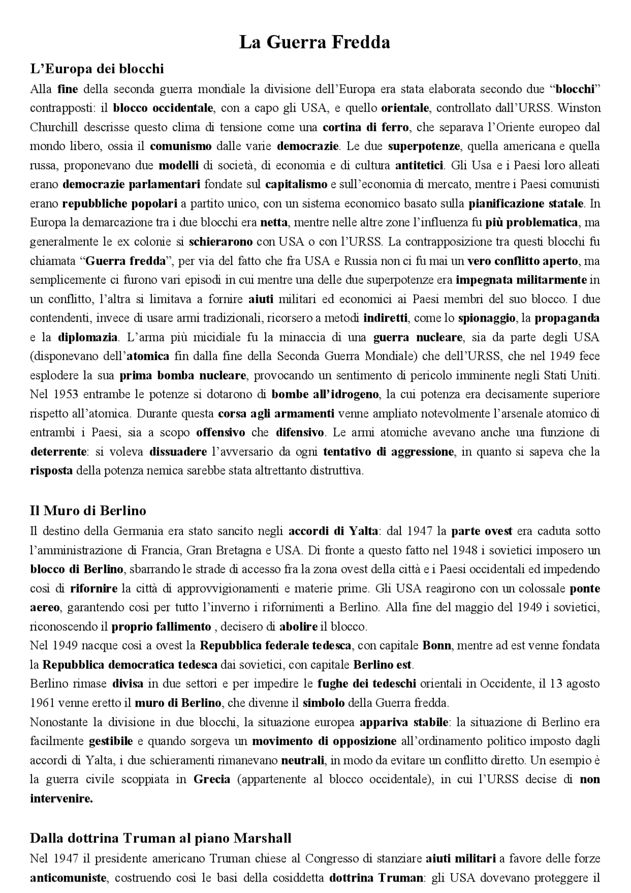 Sintesi Guerra Fredda Docsity