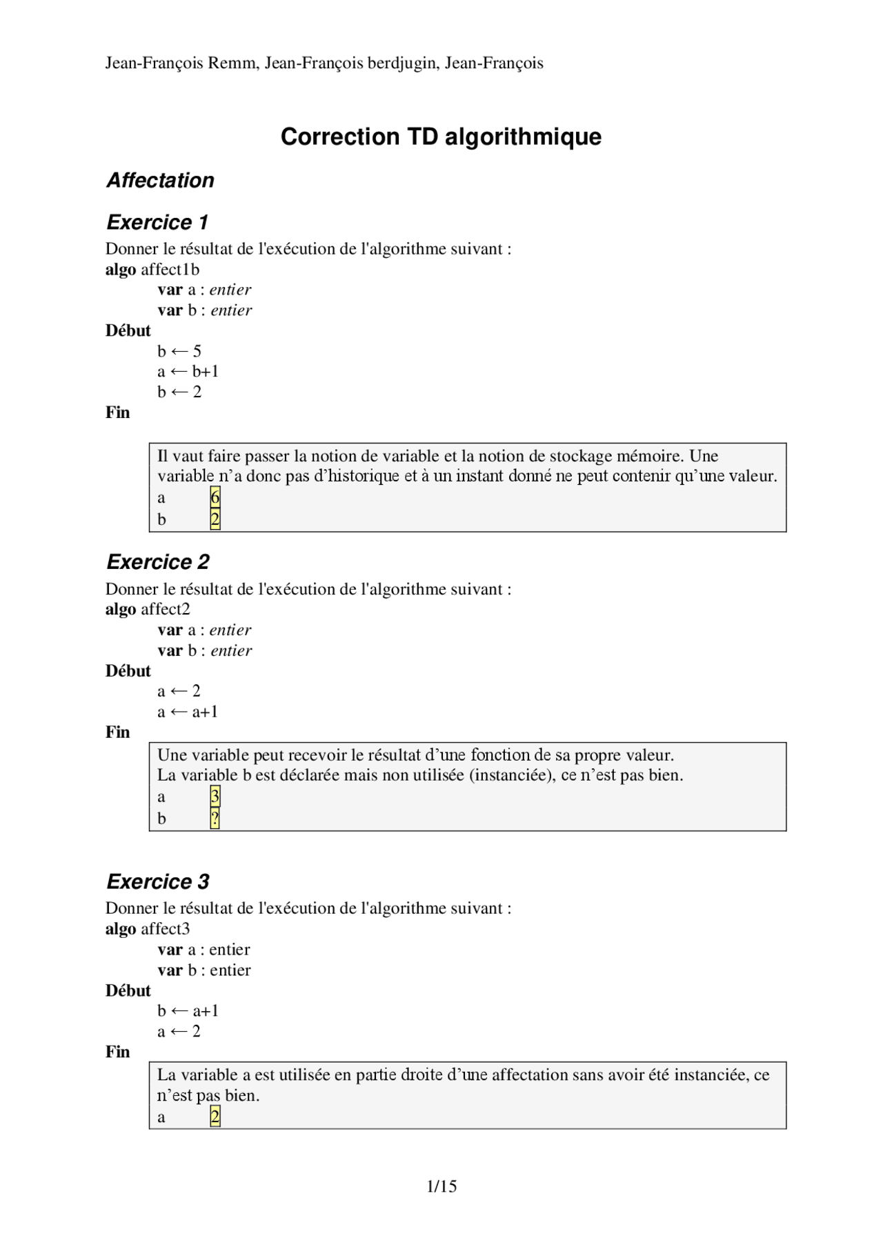 TD algorithmique correction - Docsity