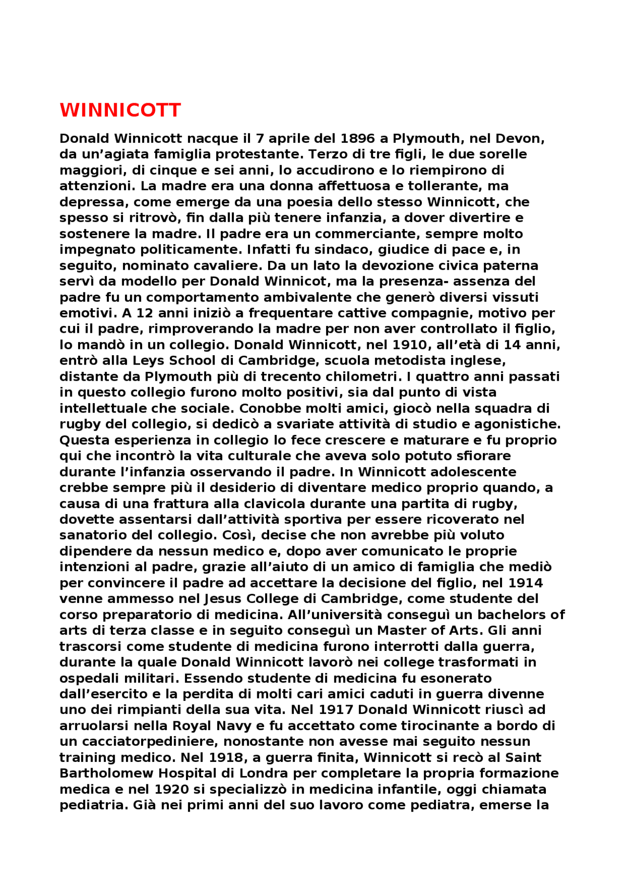 Winnicott E Le Sue Idee Docsity