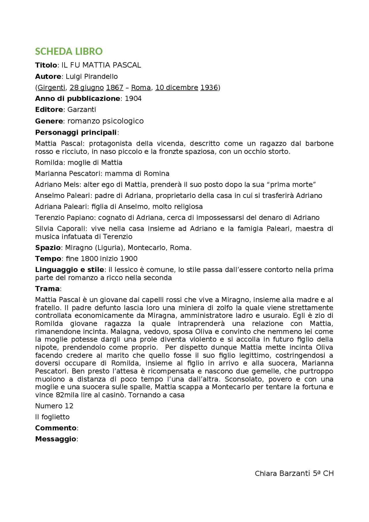 Scheda Libro Il Fu Mattia Pascal Luigi Pirandello Appunti Di