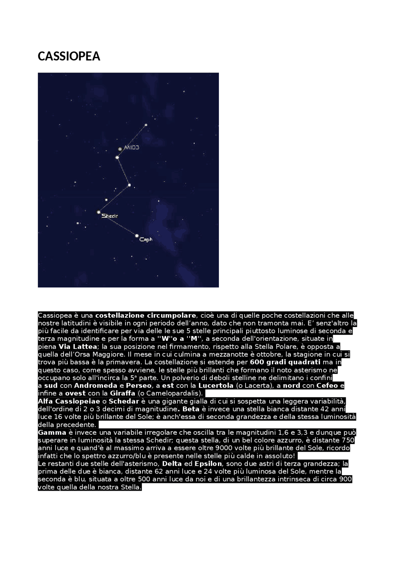 Cassiopea Il Cielo E Le Stelle Docsity