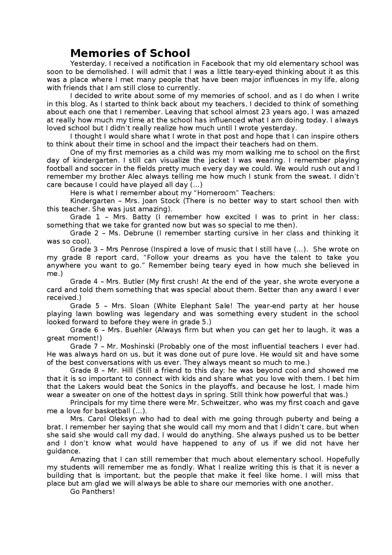 Memories of school English - Docsity