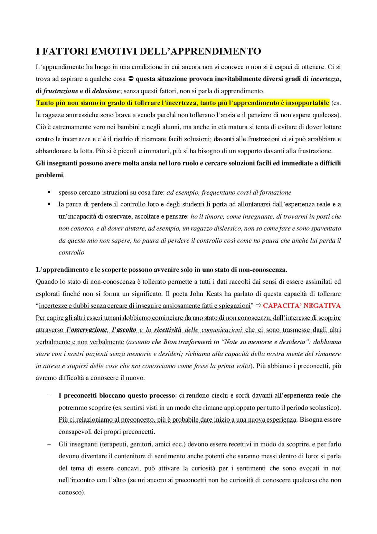 Programma d'esame "Emozioni e Relazioni nei processi di apprendimento" - Docsity
