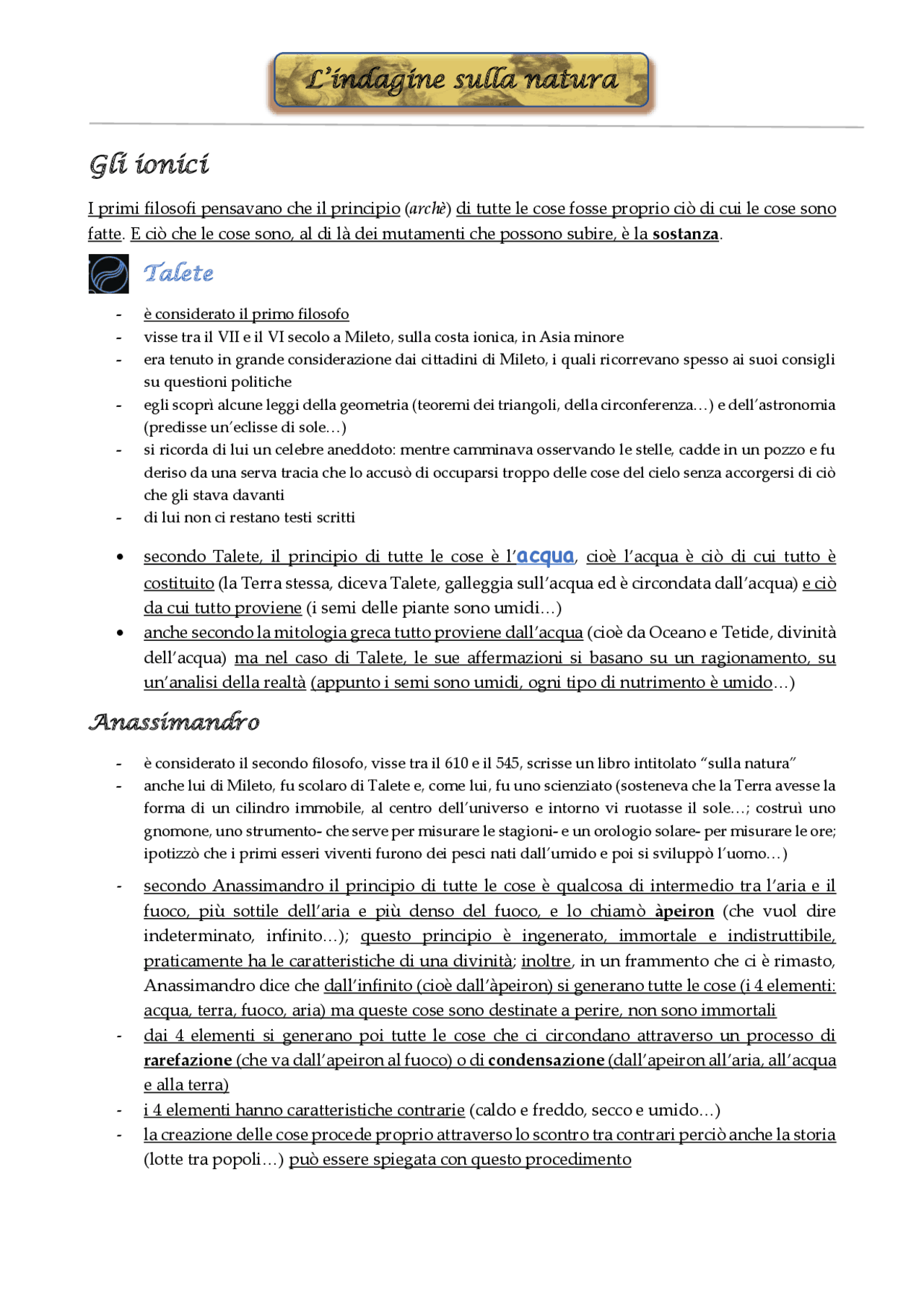 I primi filosofi, presocratici, ionici, eleatici, atomisti - Docsity