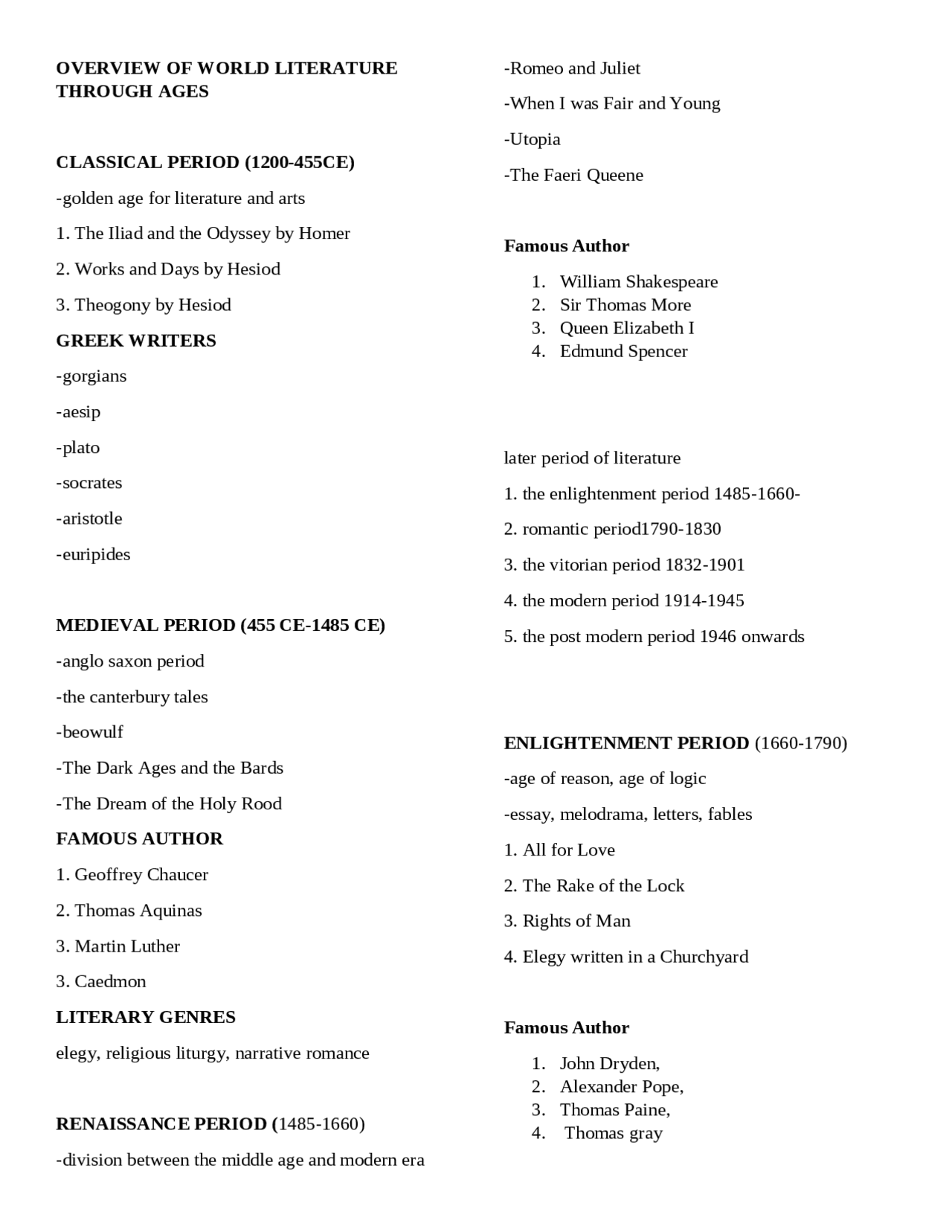 Overview of World Literature through Ages - Docsity