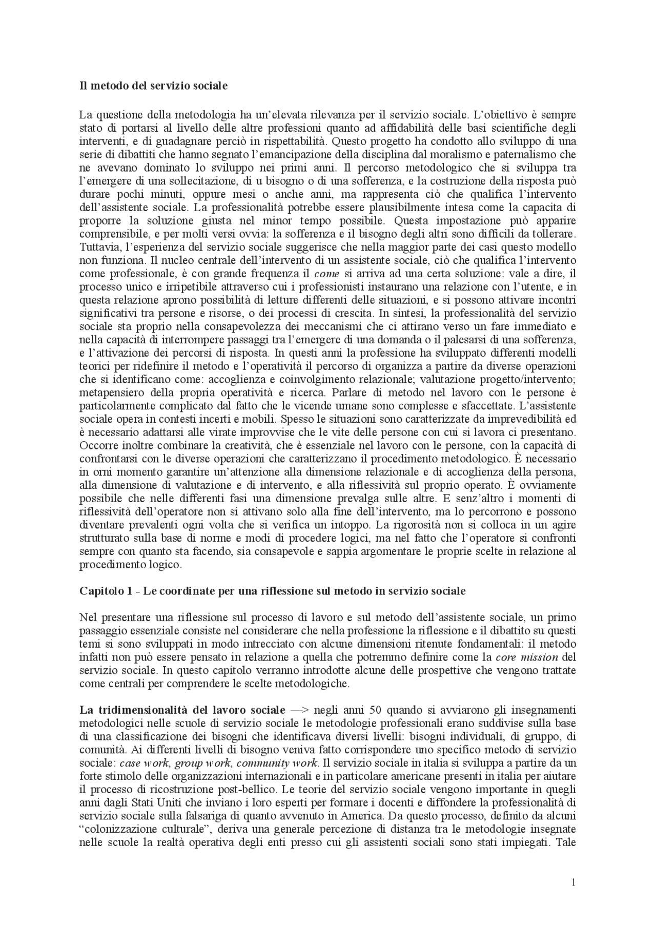 Riassunto Il Metodo Del Servizio Sociale Fargion Docsity