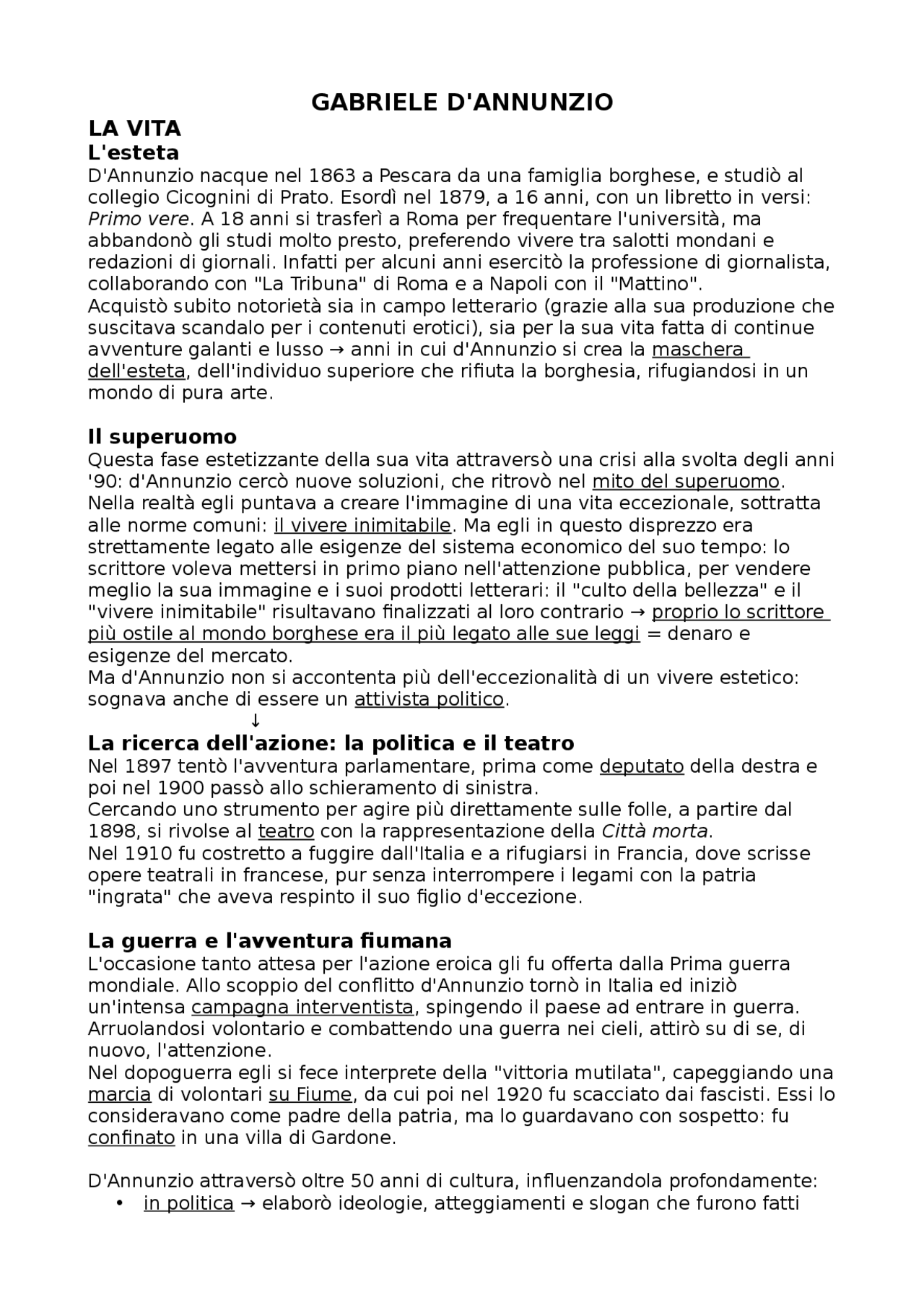 Vita Caratteristiche E Opere Di G Dannunzio Docsity