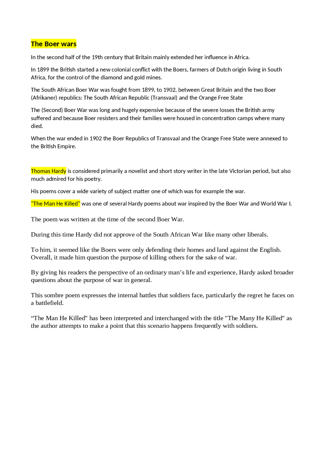 Riassunto Boer Wars Docsity