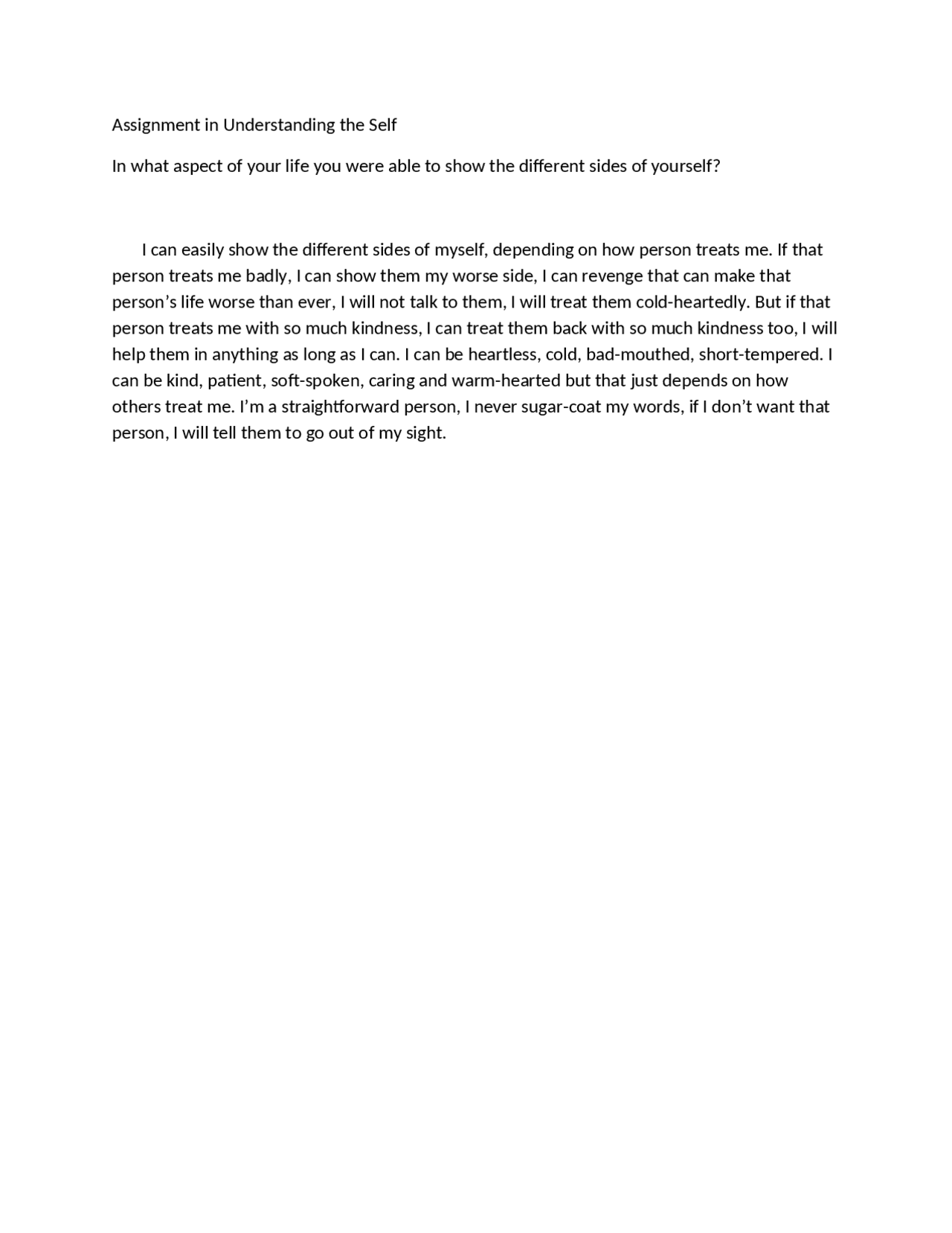 Assignment In Understanding The Self Docsity