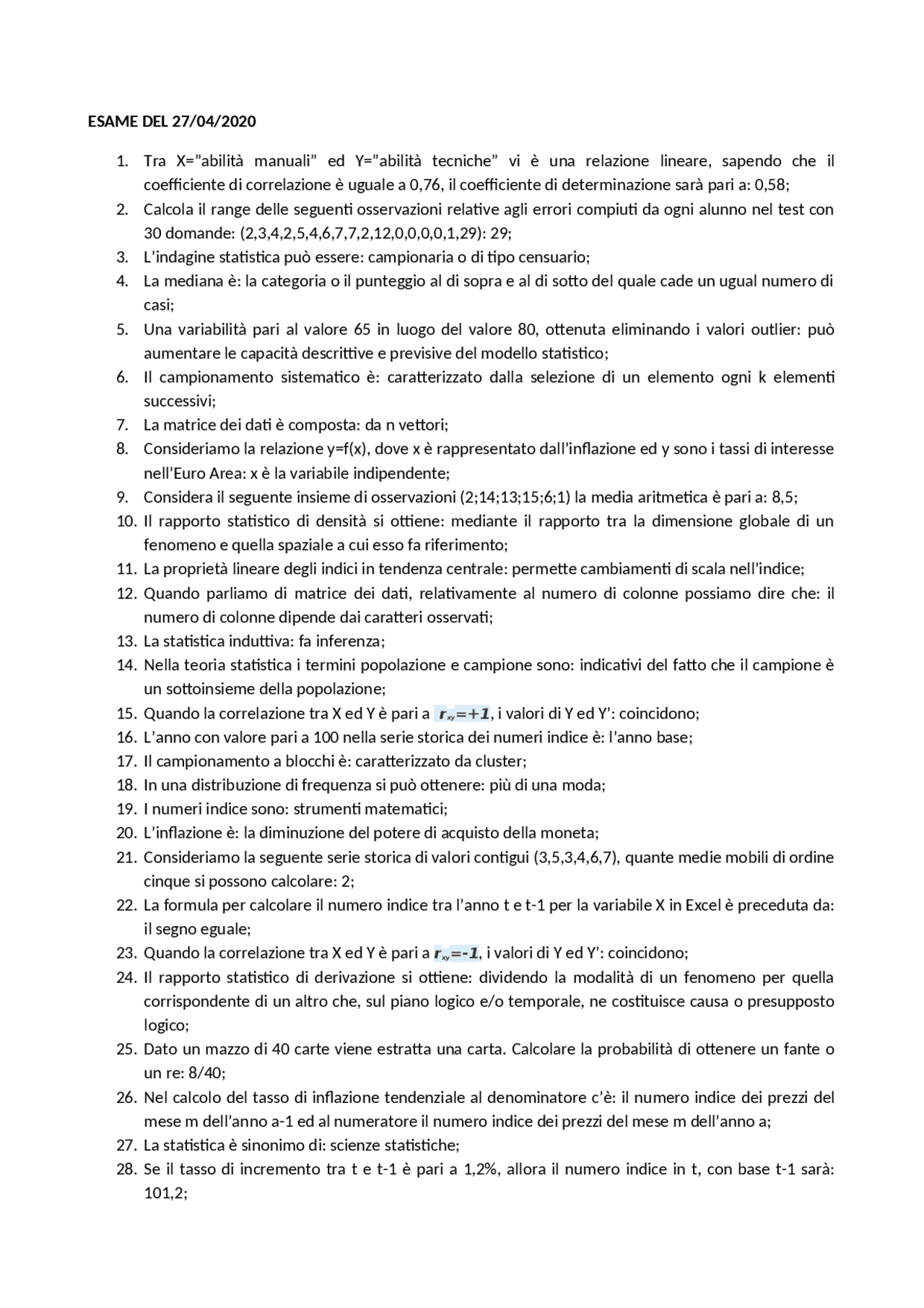 Esame Statistica Pegaso Docsity