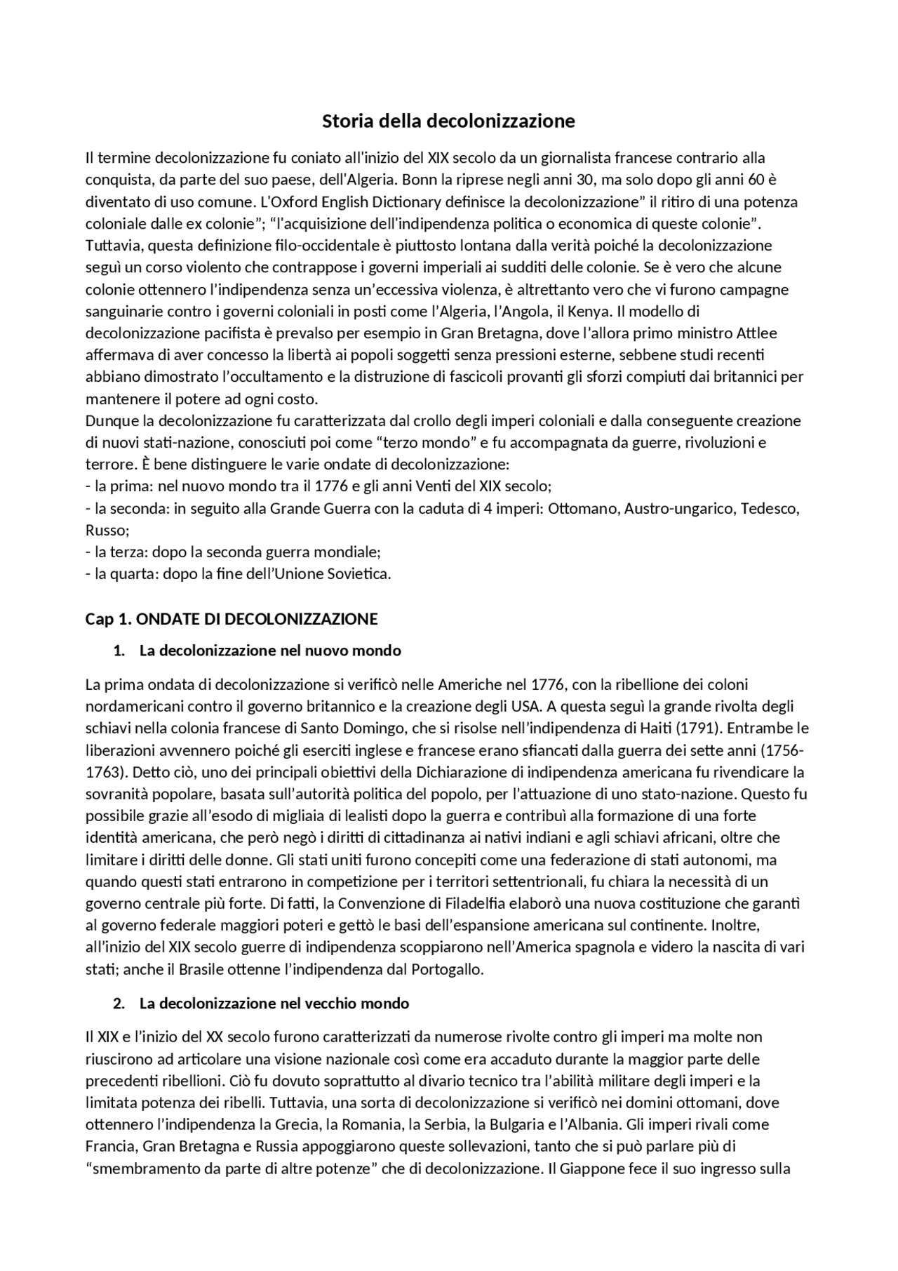 Storia Della Decolonizzazione Docsity