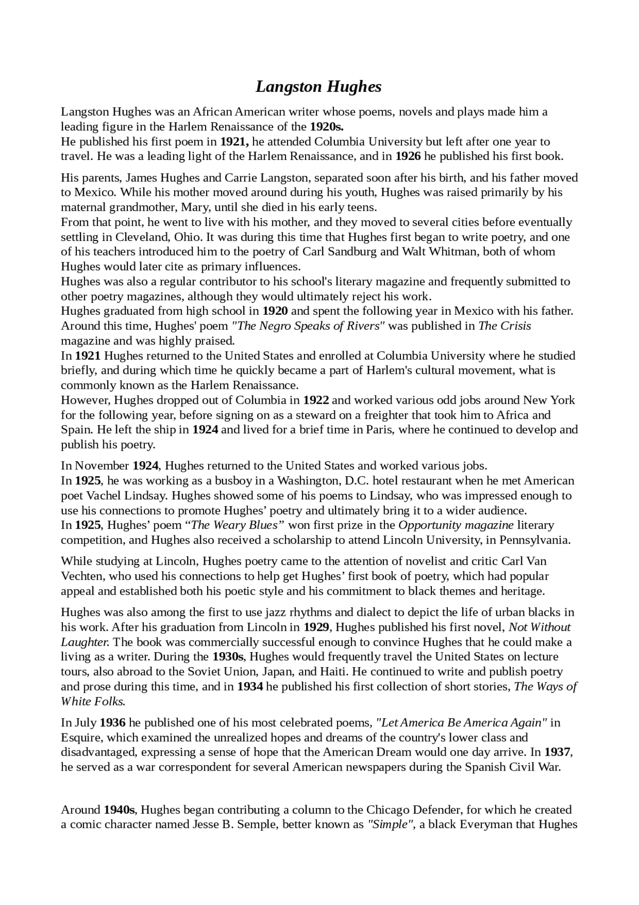 Life and Works of Langston Hughes - Docsity