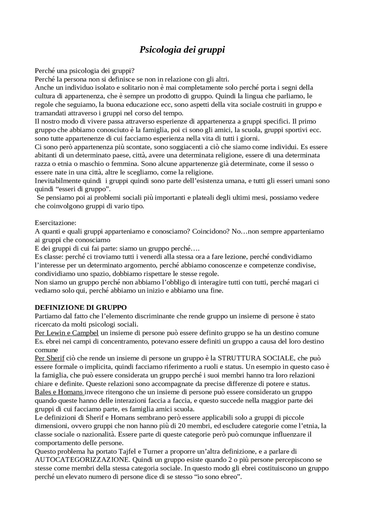 Psicologia Dei Gruppi Docsity