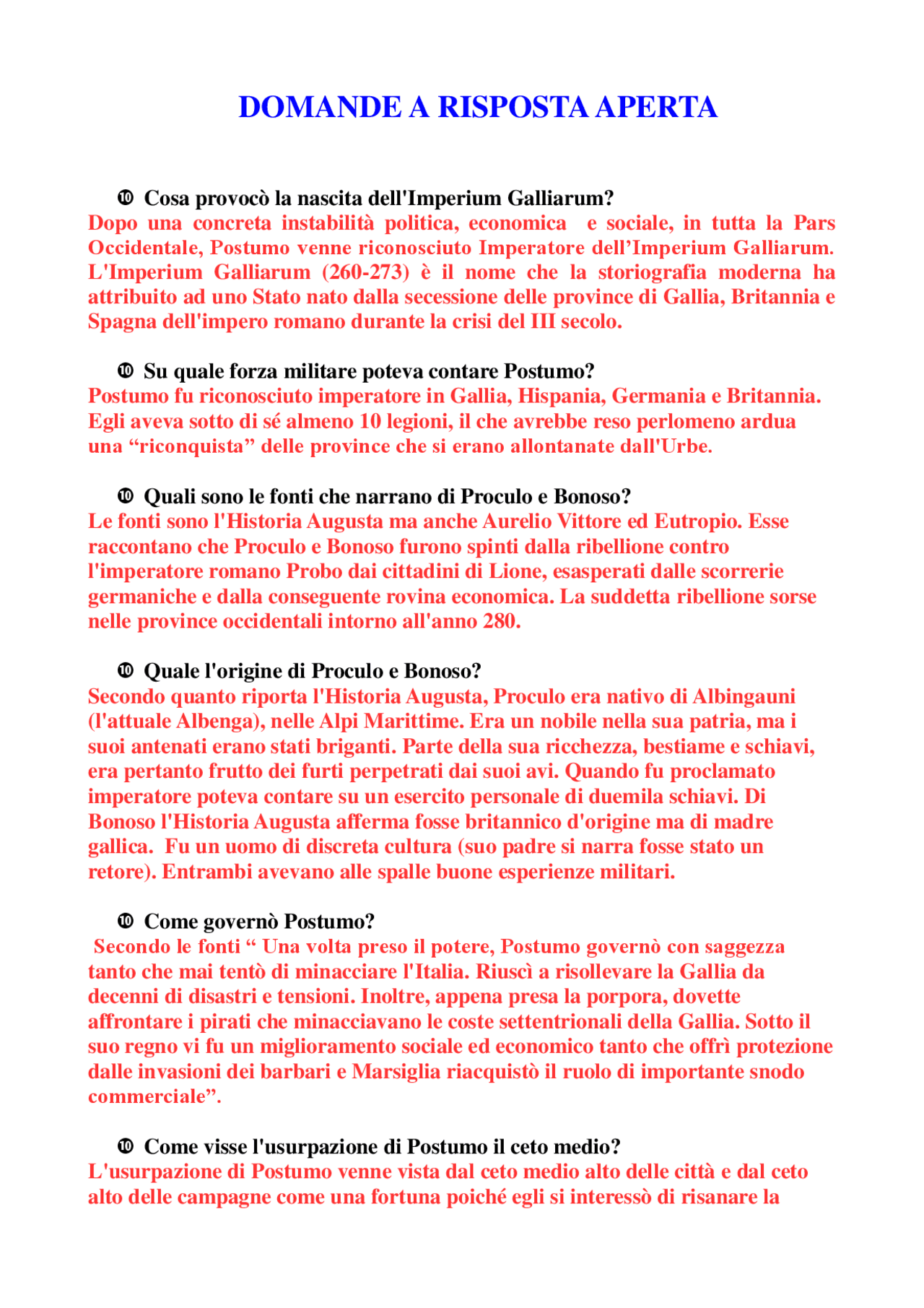 Domande a risposta aperta di storia romana (Montecchio Luca) | Panieri di Storia Romana | Docsity