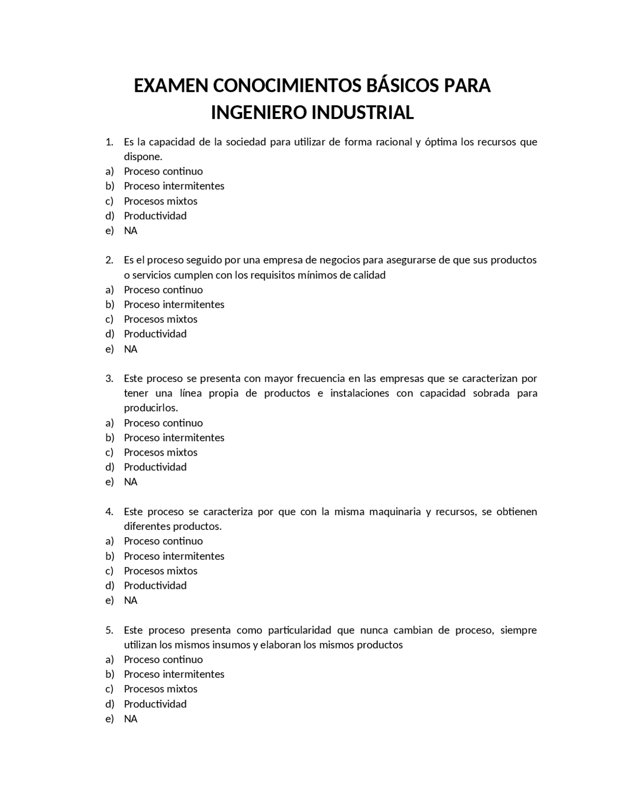 Conocimientos básicos ingeniería industrial | Exámenes de Ingeniería | Docsity