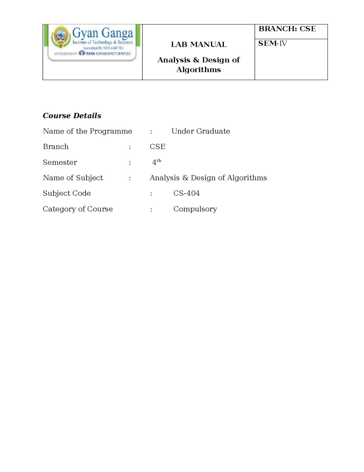 Lab Manual Analysis And Design Ofalgorithmsbranch Csesem Ivcourse Detai
