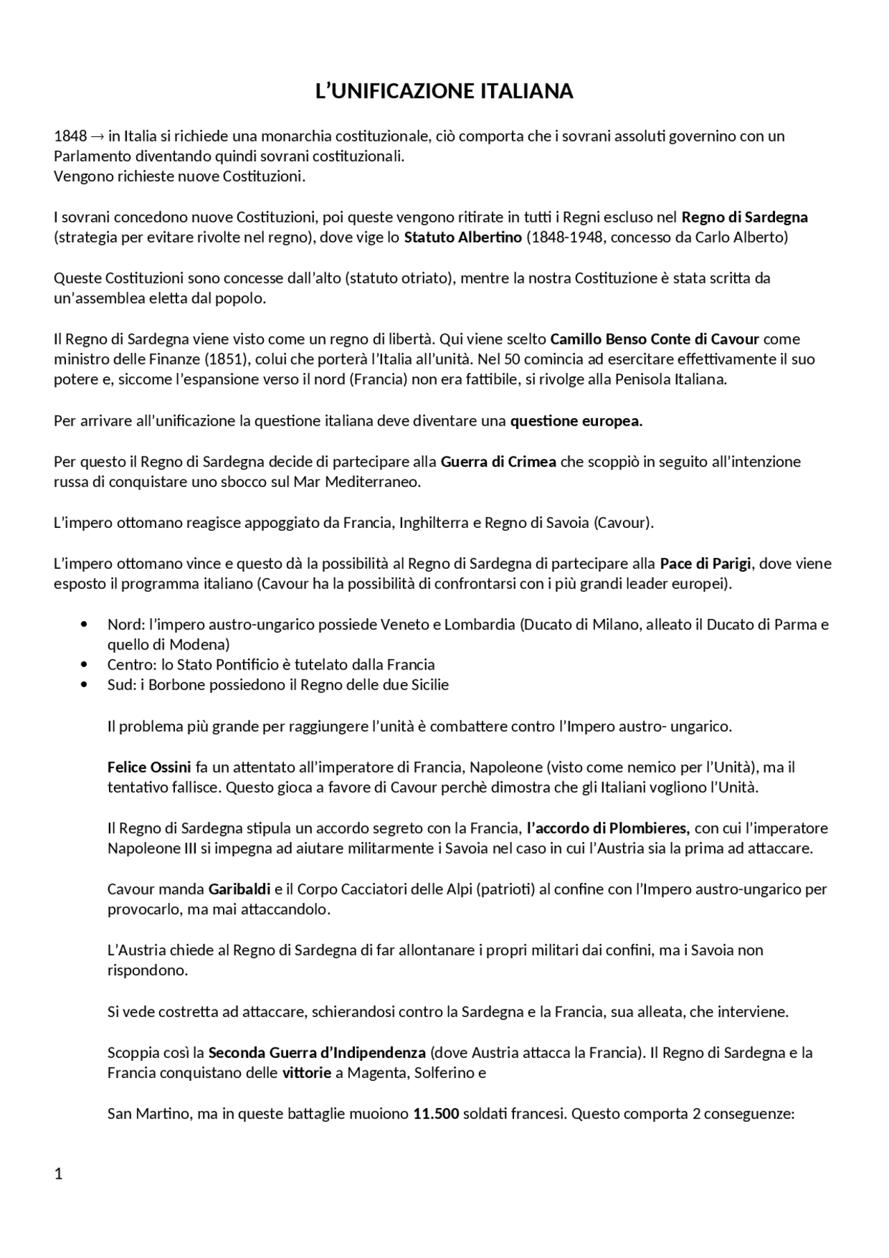 Unità d'Italia - Docsity