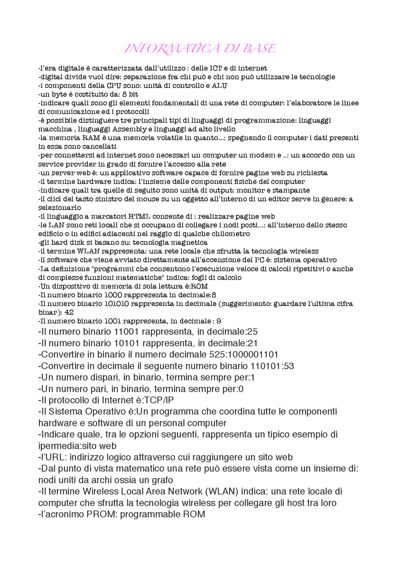 Domande Informatica Di Base Docsity