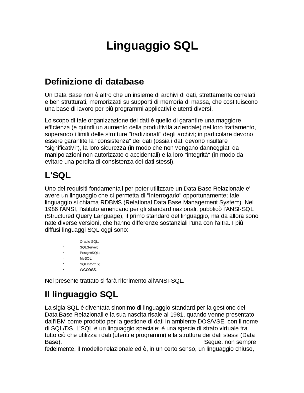 Il Linguaggio Sql Le Basi Docsity