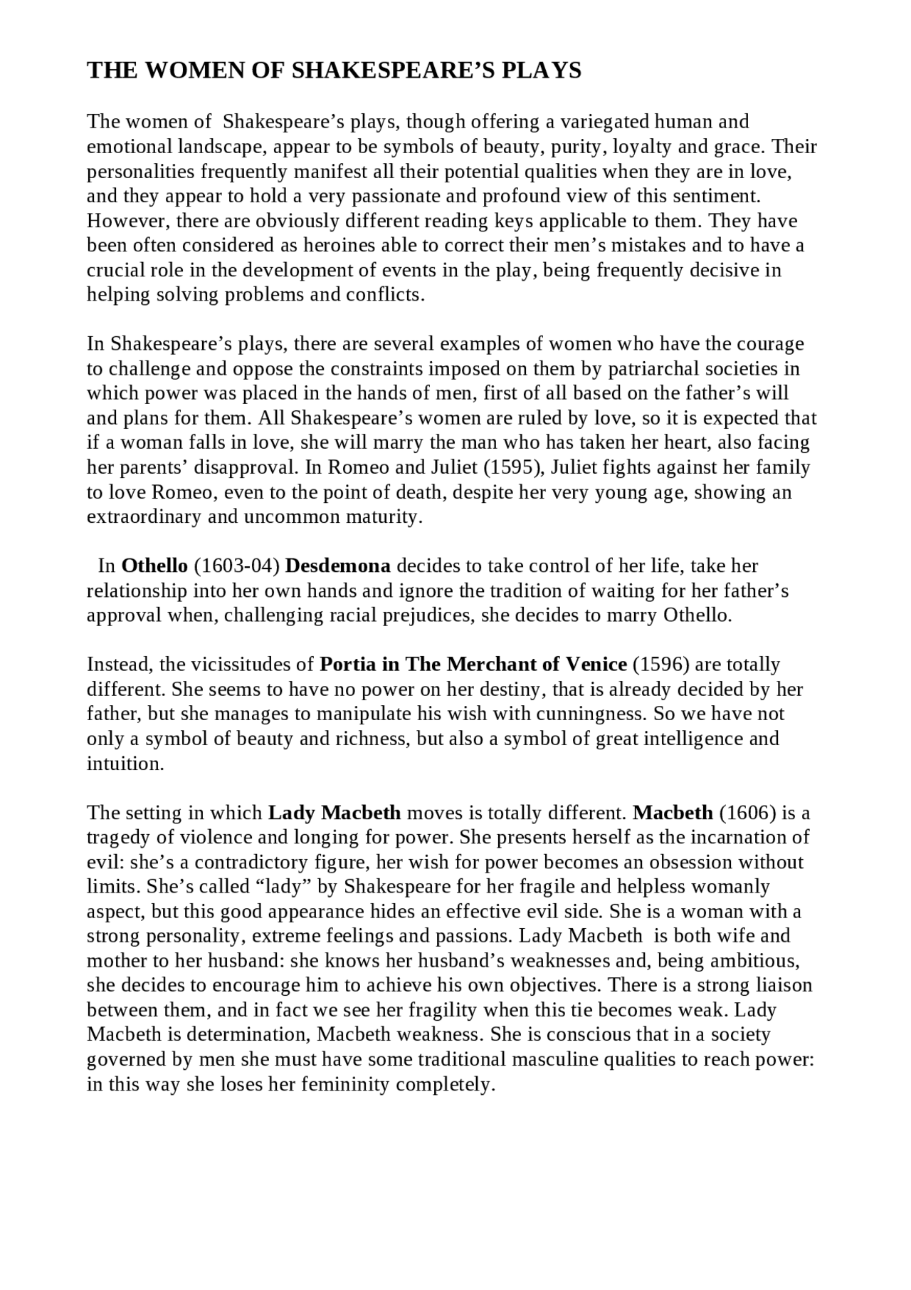 The Women of Shakespeare's plays - Docsity